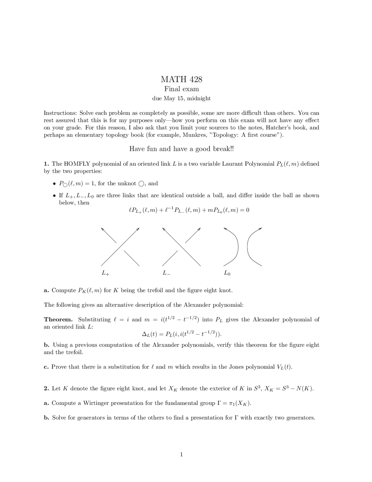 Final Exam With 3 Problems Honors Topics In Mathematics Math 428