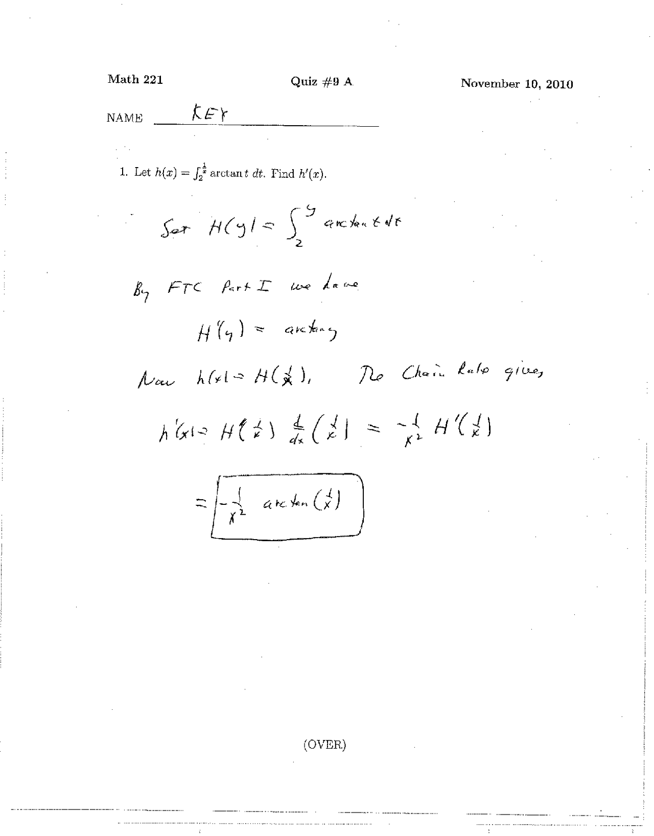 Quiz 9A with Answer Key | Calculus I | MATH 221 - Docsity