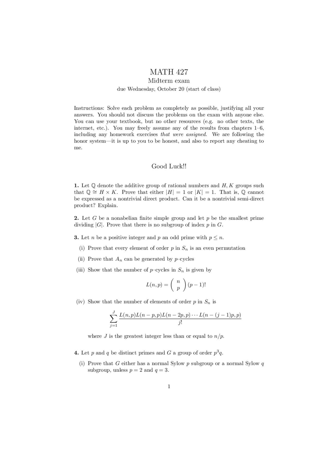 Midterm Exam 2 For Abstract Algebra Math 427 Exams Abstract Algebra