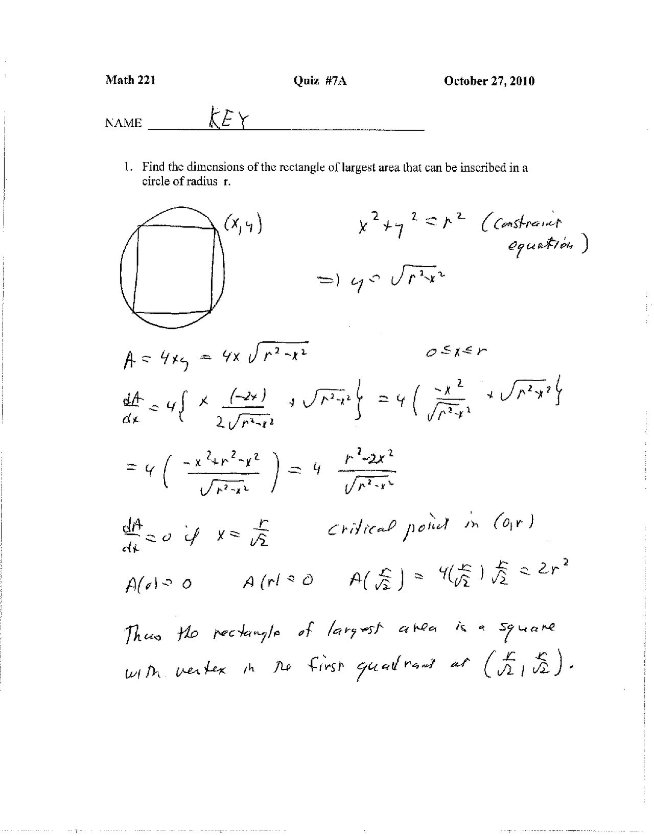 2 Questions with Solutions on Calculus I in Quiz 7 | MATH 221 - Docsity