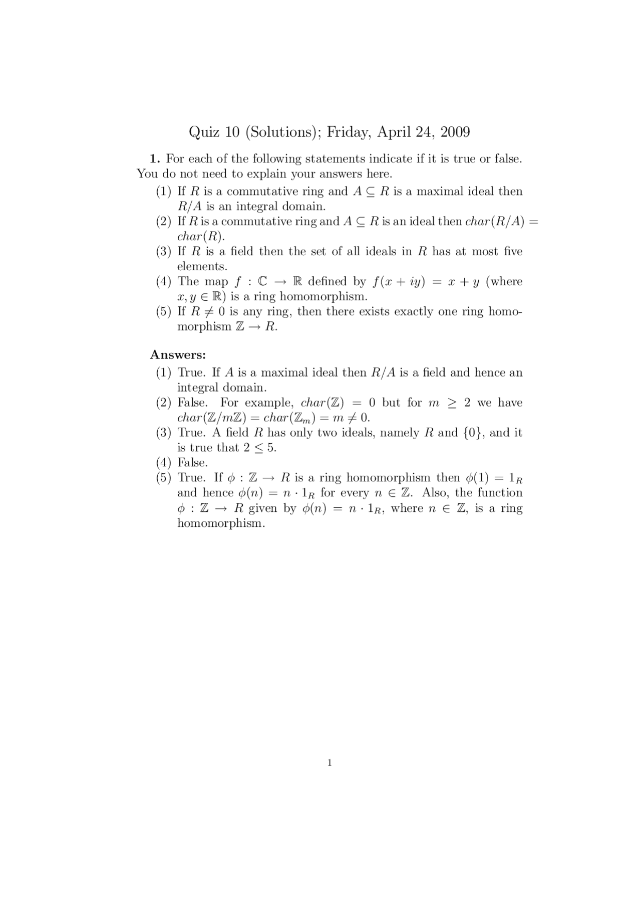 Solutions Quiz 10 Introduction To Abstract Algebra Math 417 Docsity