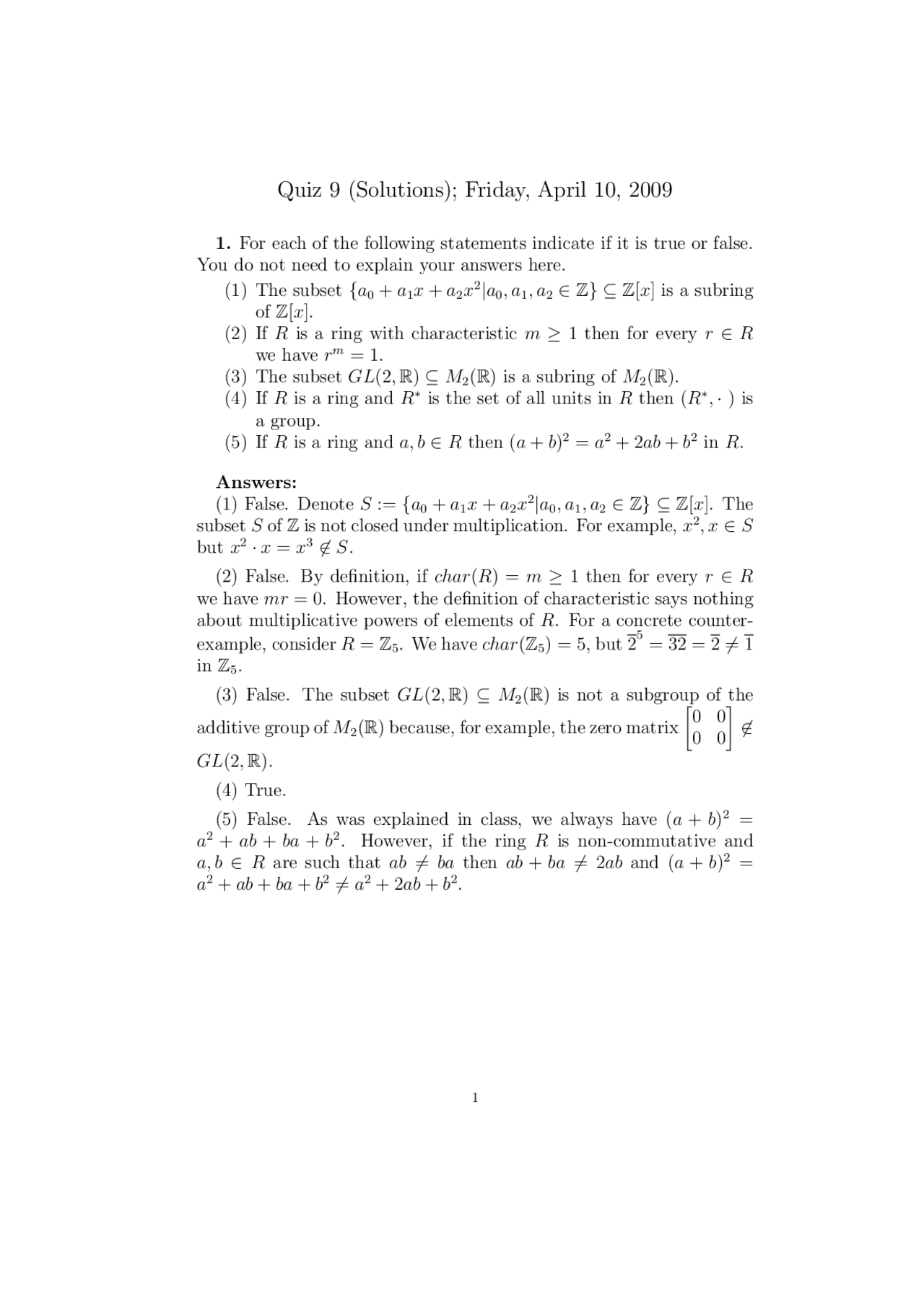 Quiz 9 Solutions Introduction To Abstract Algebra Math 417 Docsity