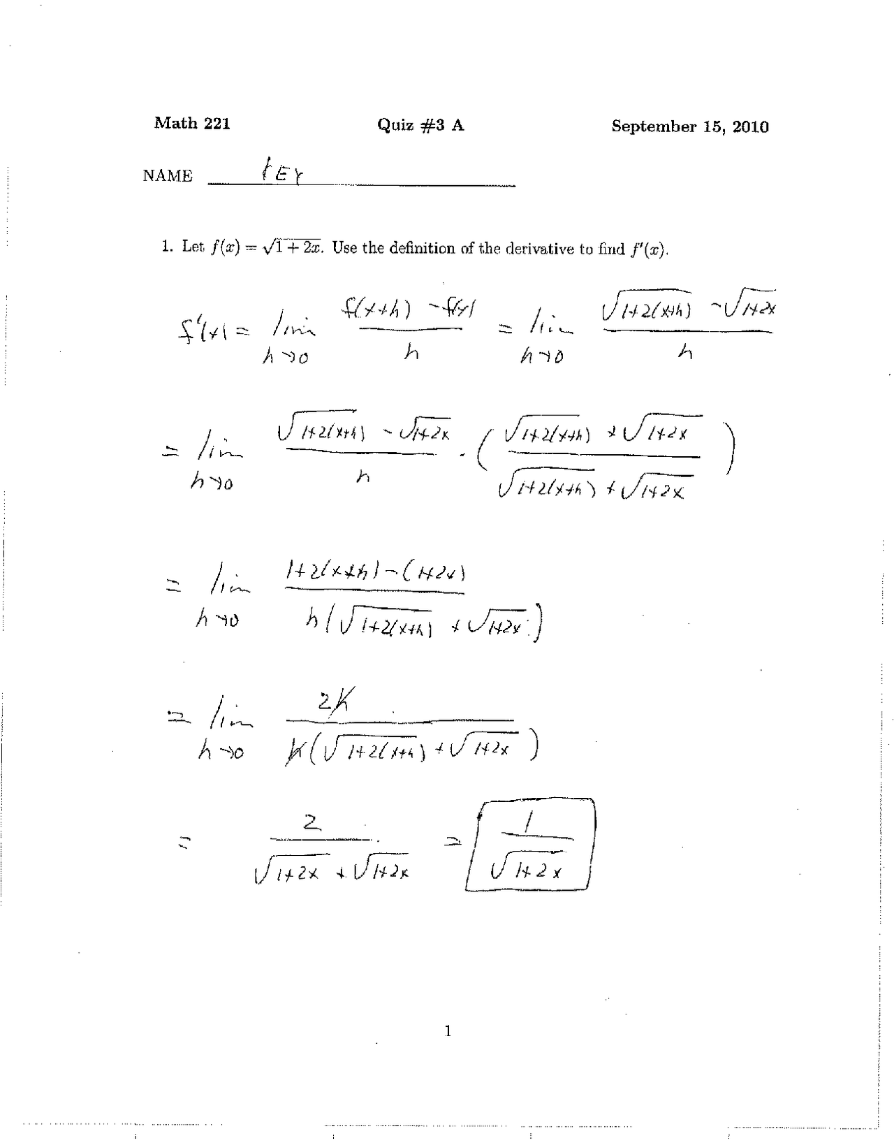 Quiz 3a Key Definition To The Derivative Calculus I Math 221 Docsity