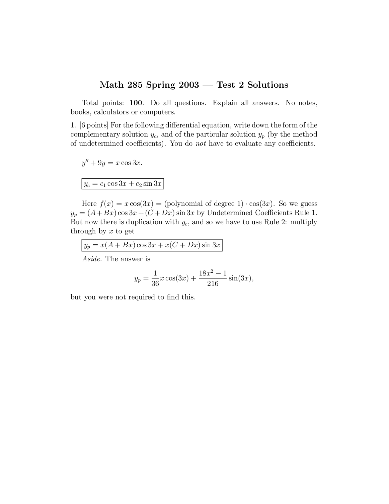 7 Problems On Eigenvalues Examination 2 Math 285 Docsity