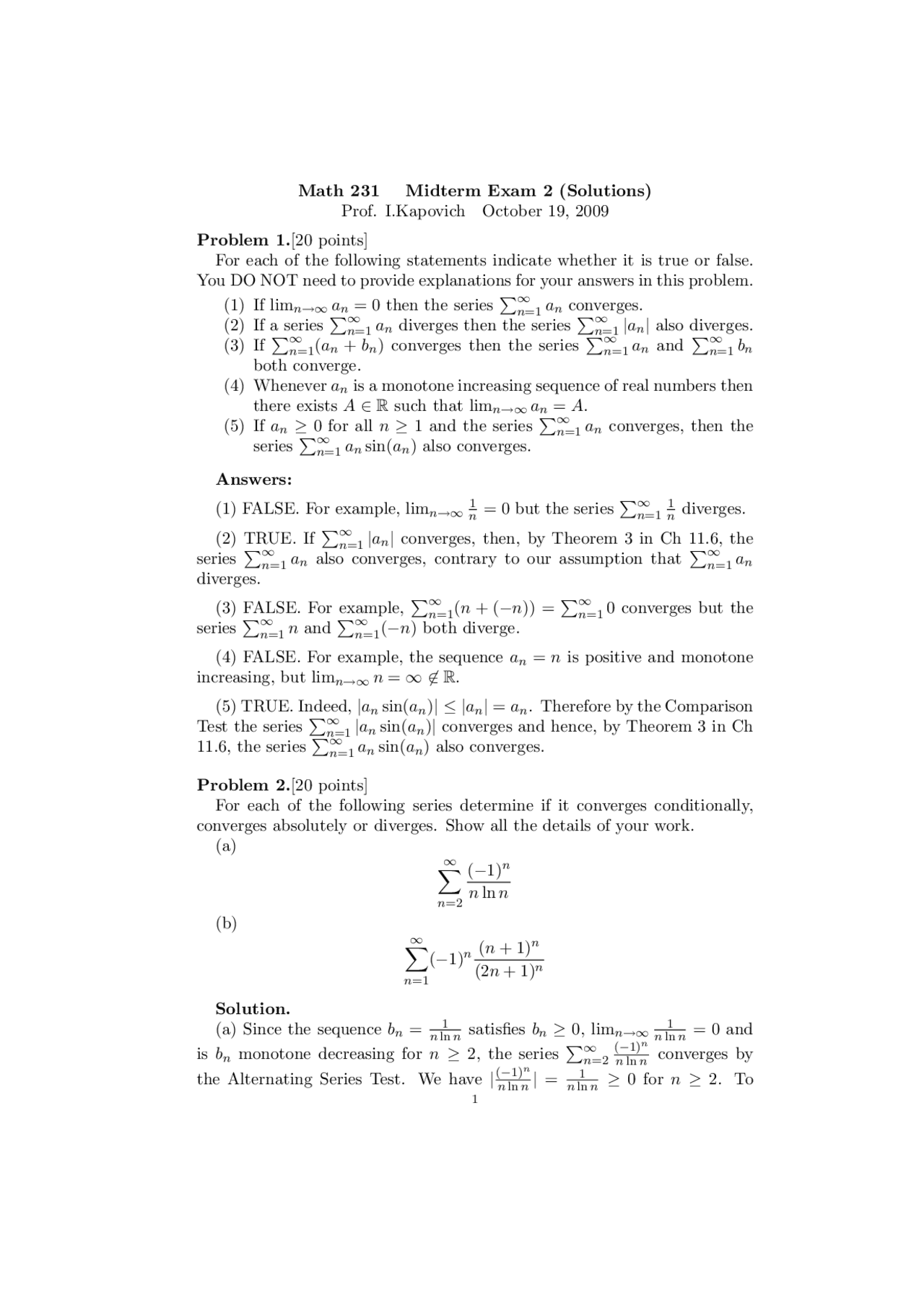 Midterm Exam 2 (Solution) - Calculus II | MATH 231 - Docsity
