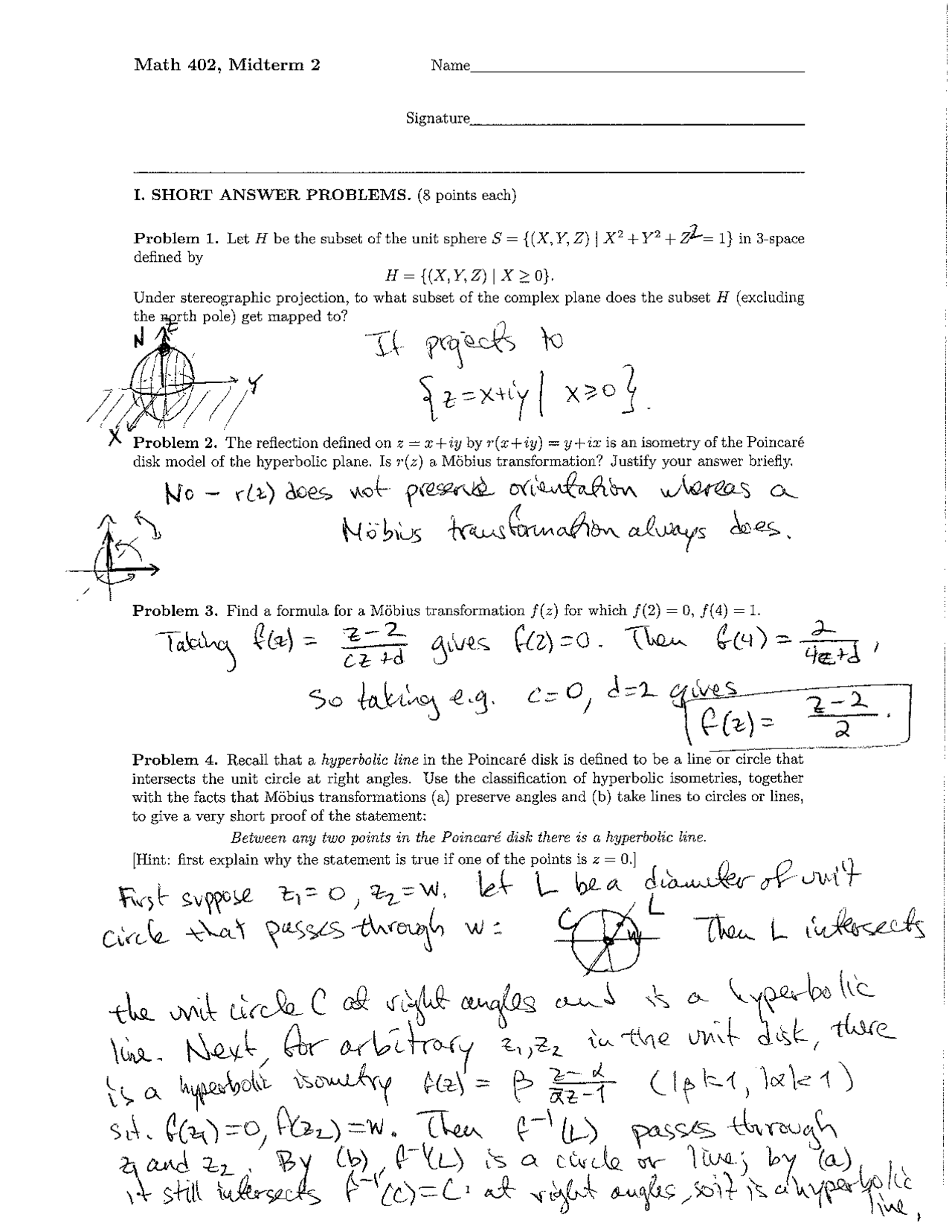 Midterm 2 Solutions For Non Euclidean Geometry Math 402 Docsity