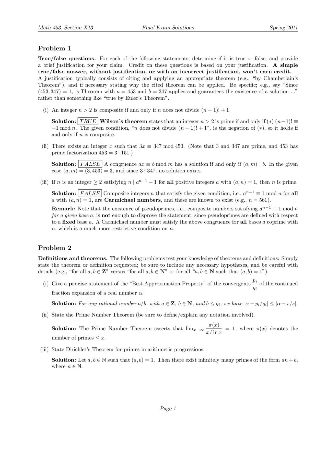9 Problems On Elementary Theory Of Numbers With Solution Final Exam