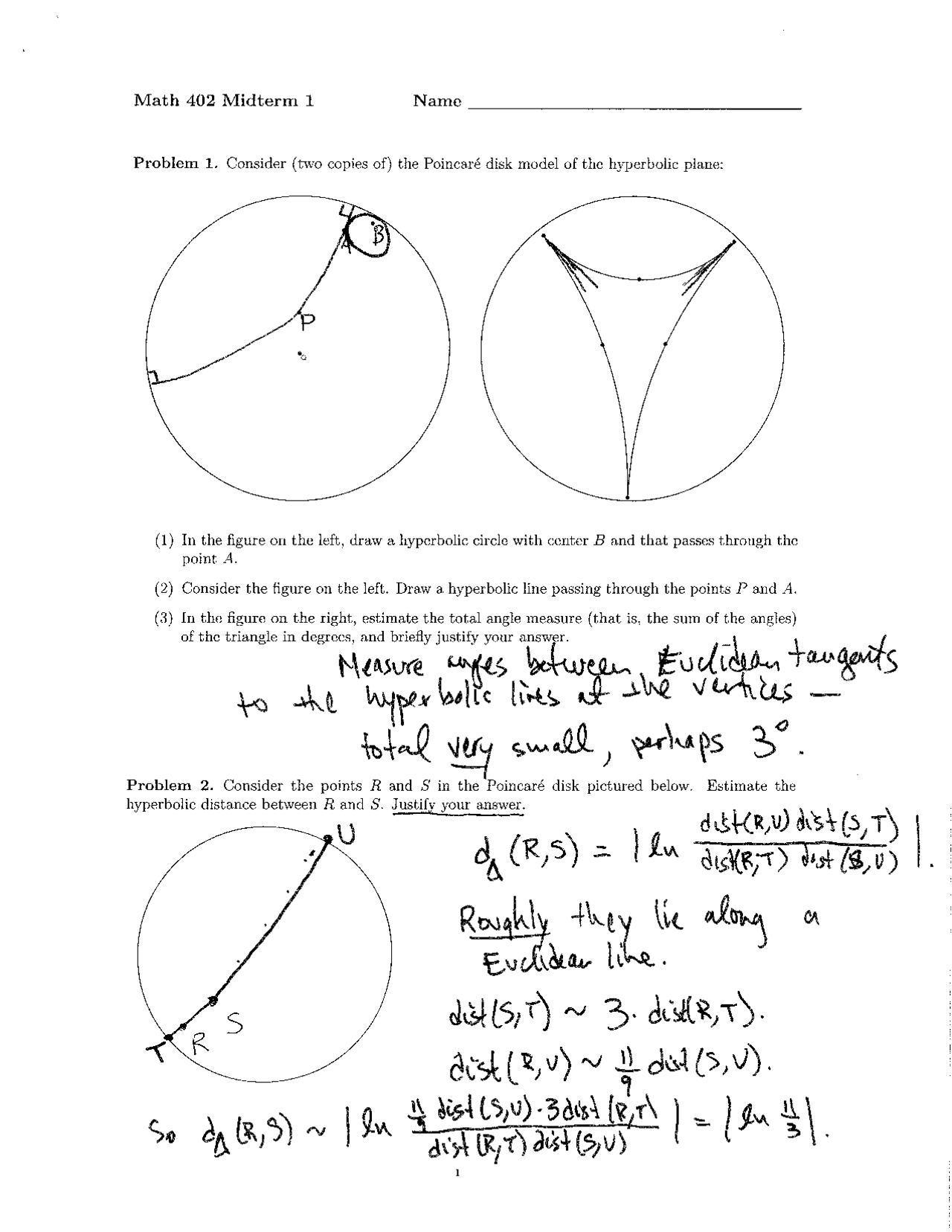 Midterm Exam 1 With Solution Non Euclidean Geometry Math 402 Docsity