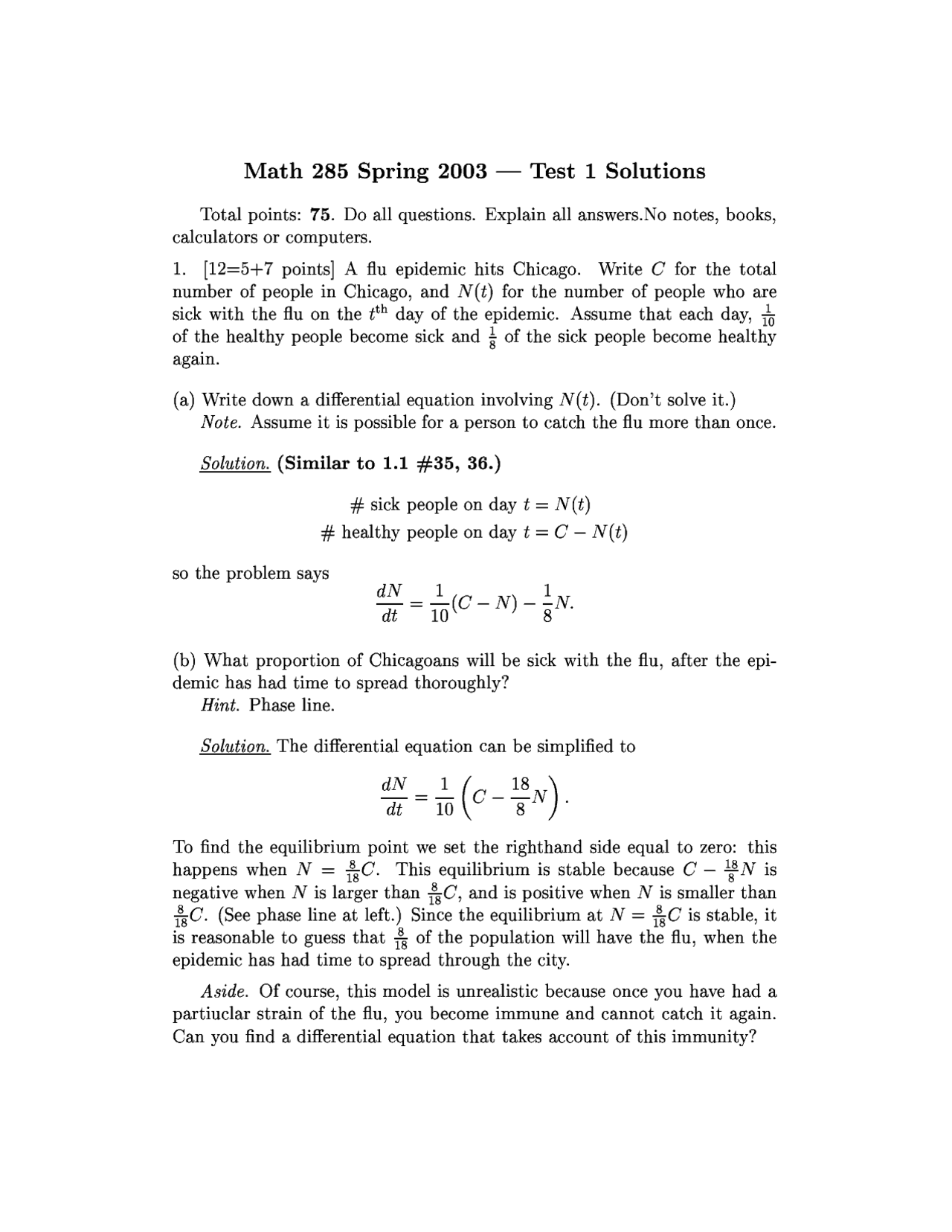 Test 1 with Solutions - Introduction to Differential Equations | MATH ...