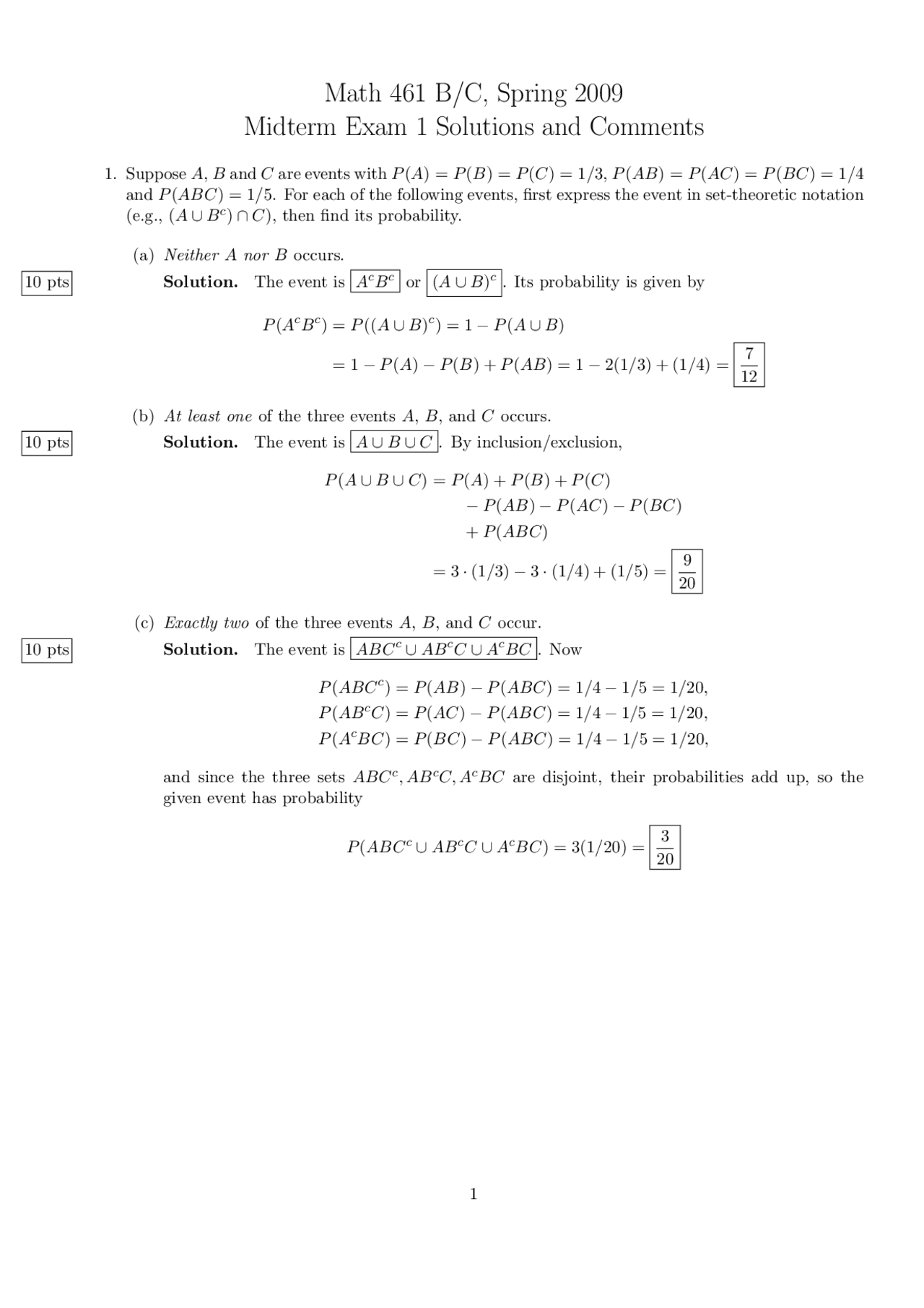 Midterm Exam 1 Solutions and Comments - Probability Theory | MATH 461 - Docsity