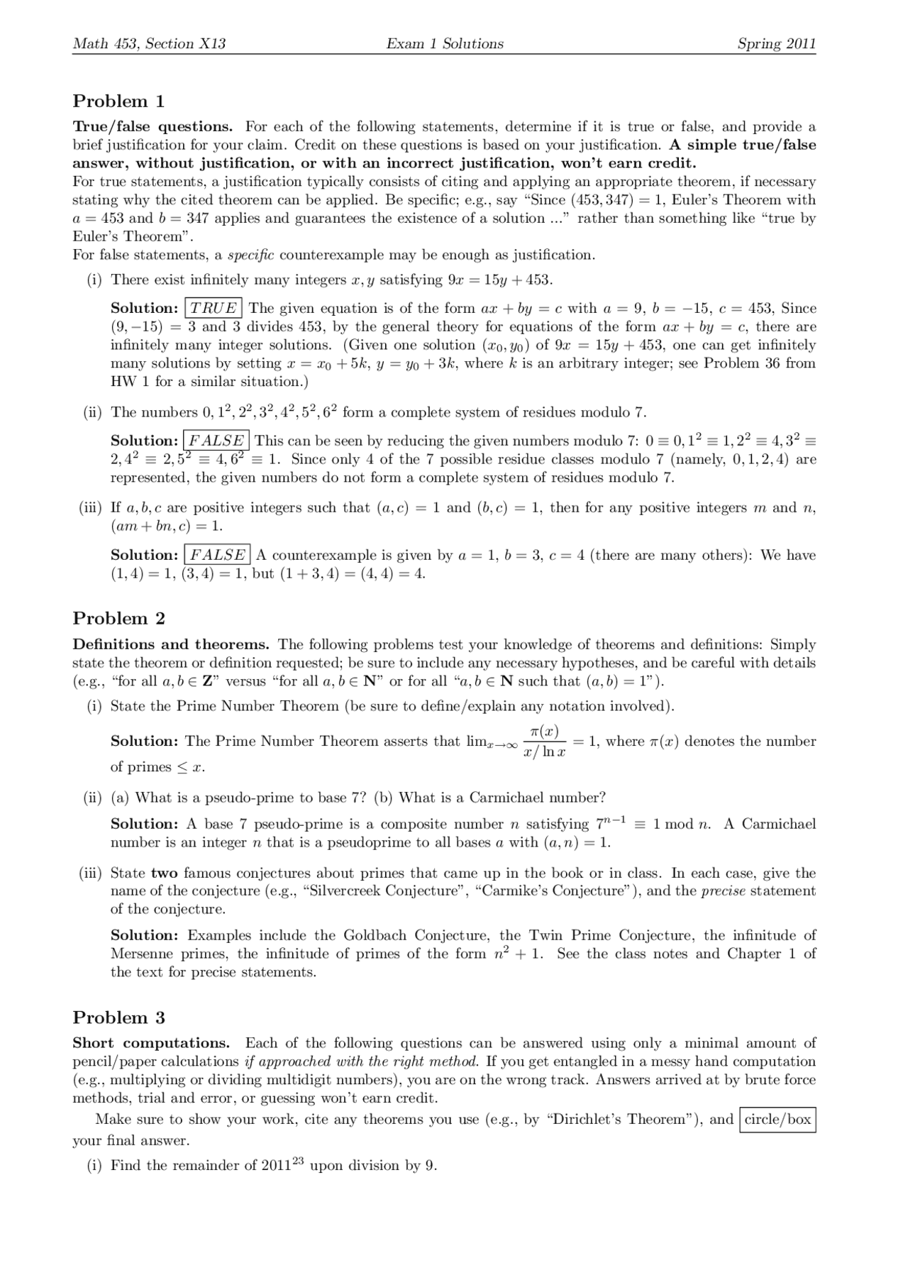 Exam 1 Problems With Solution Elementary Theory Of Numbers Math 453