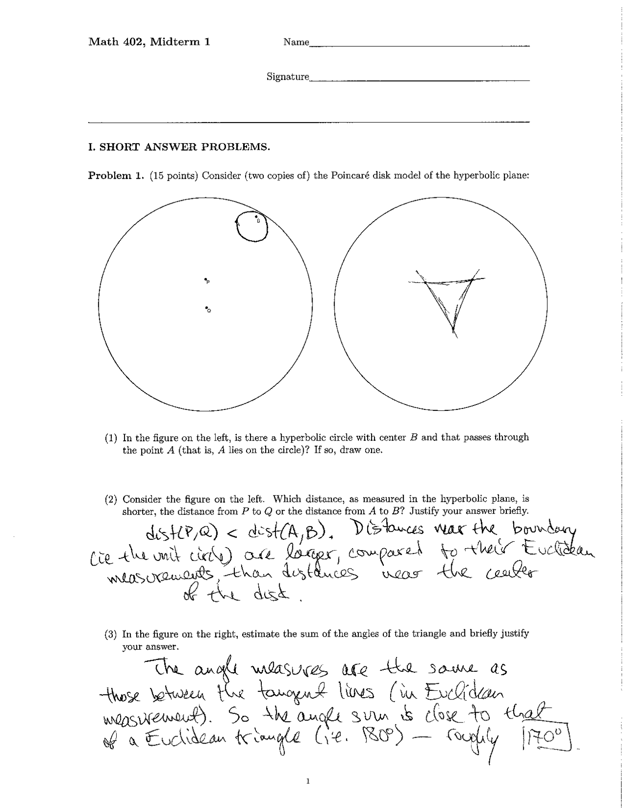 Non Euclidean Geometry Midterm Exam With Solutions Math 402 Docsity