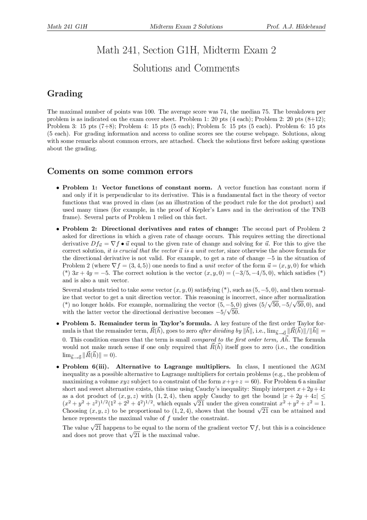 Midterm Exam 2 Solution - Calculus III | MATH 241 - Docsity