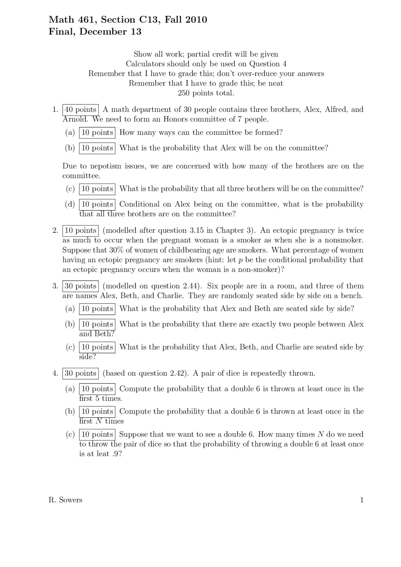 Final Exam with Answers - Probability Theory | MATH 461 - Docsity