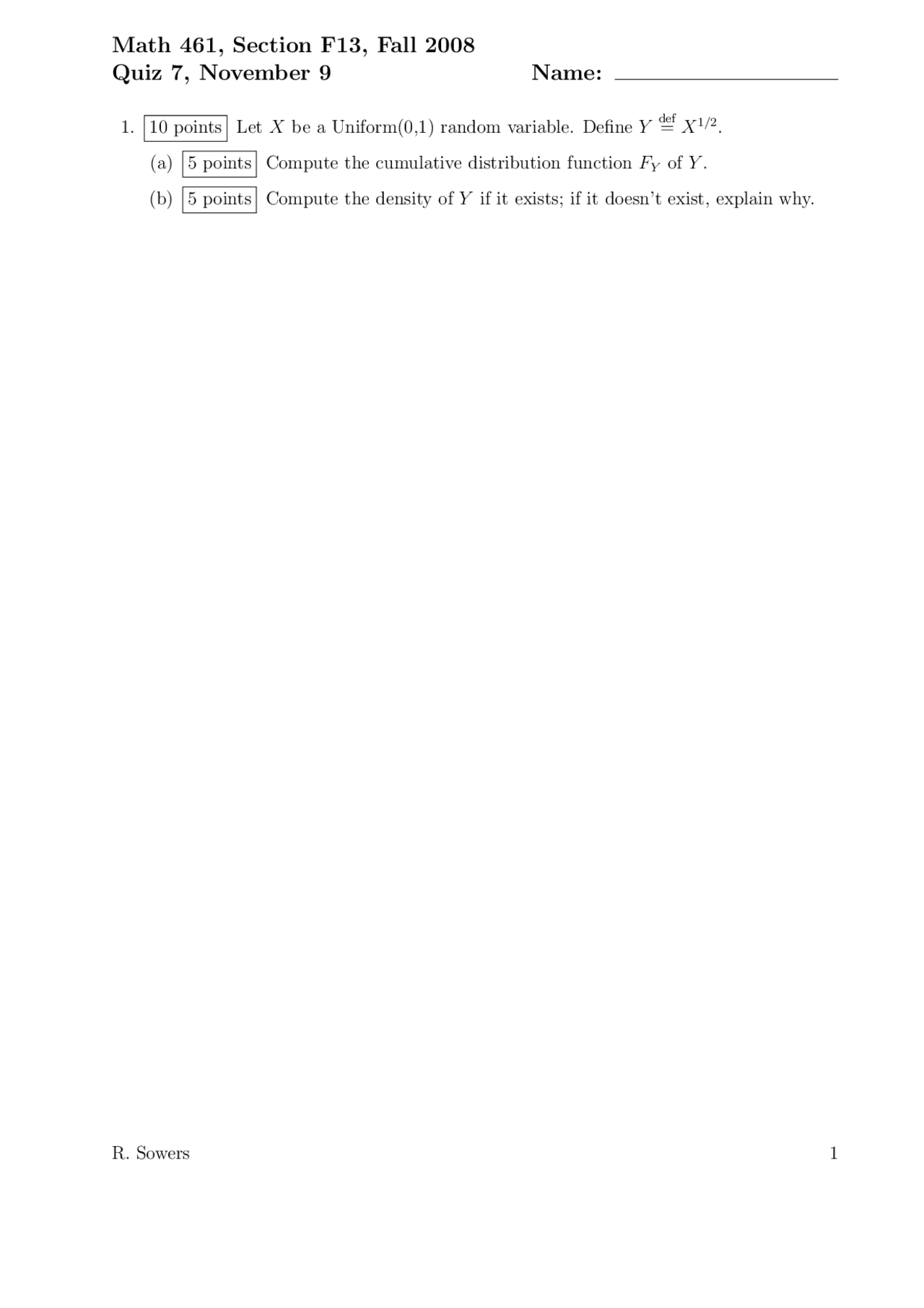 Probability Theory - Quiz 7 Solved - Fall 2008 | MATH 461 - Docsity