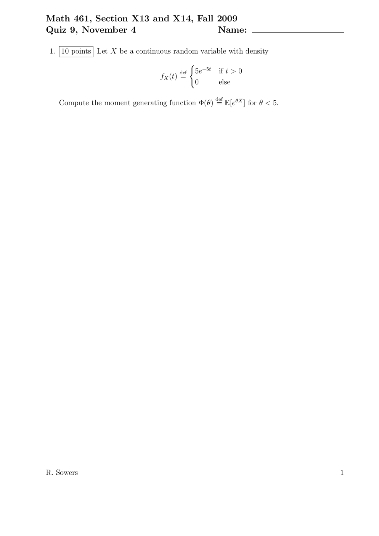 Quiz 9 with Solutions - Probability Theory | MATH 461 - Docsity