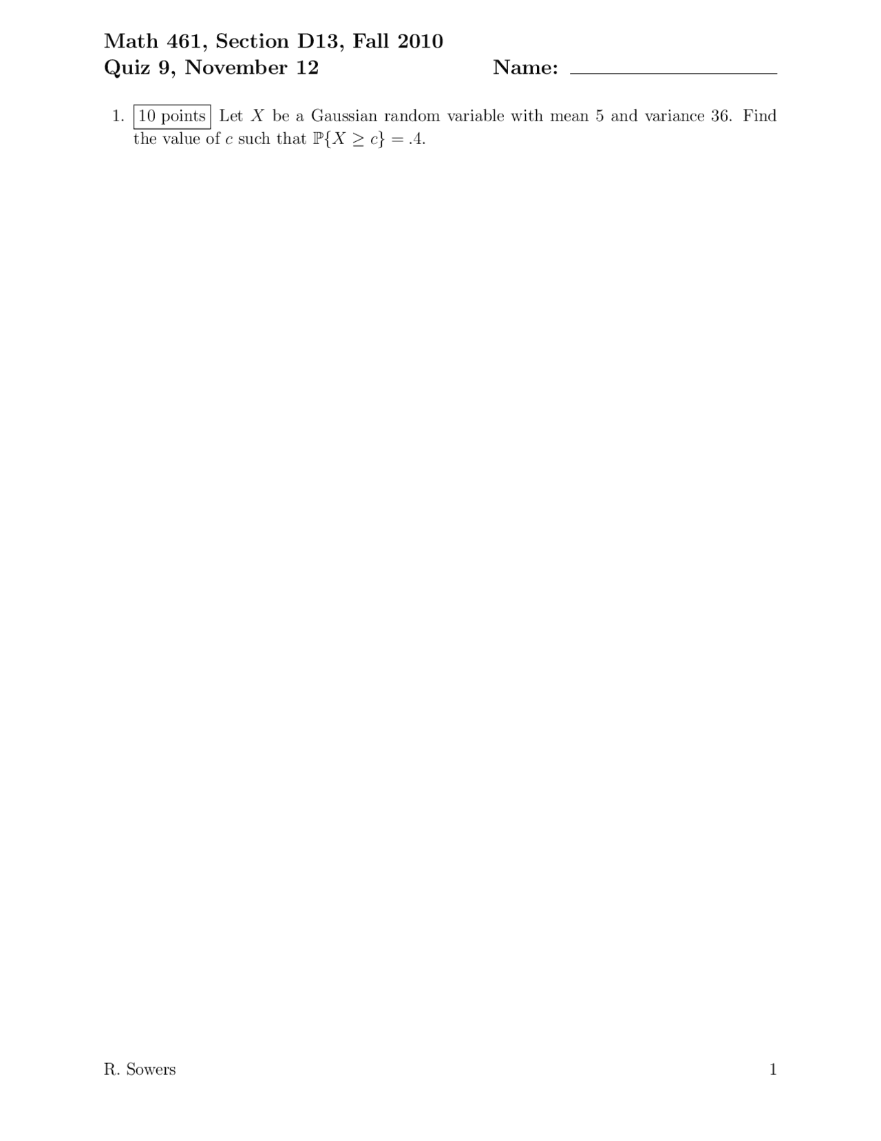 Solutions for Quiz 9 - Probability Theory | MATH 461 - Docsity