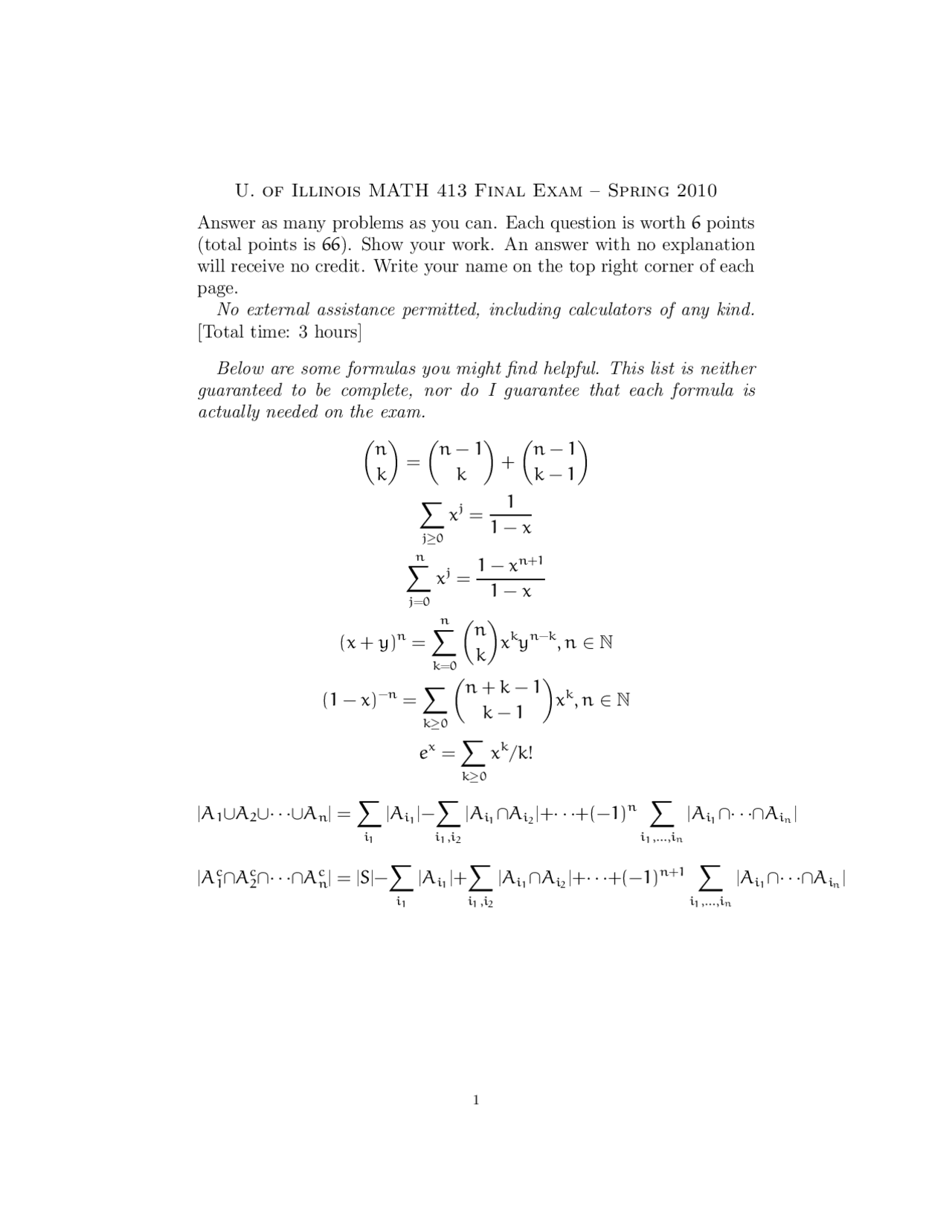 Final Exam With Answer Key For Introduction To Combinatorics Math 413