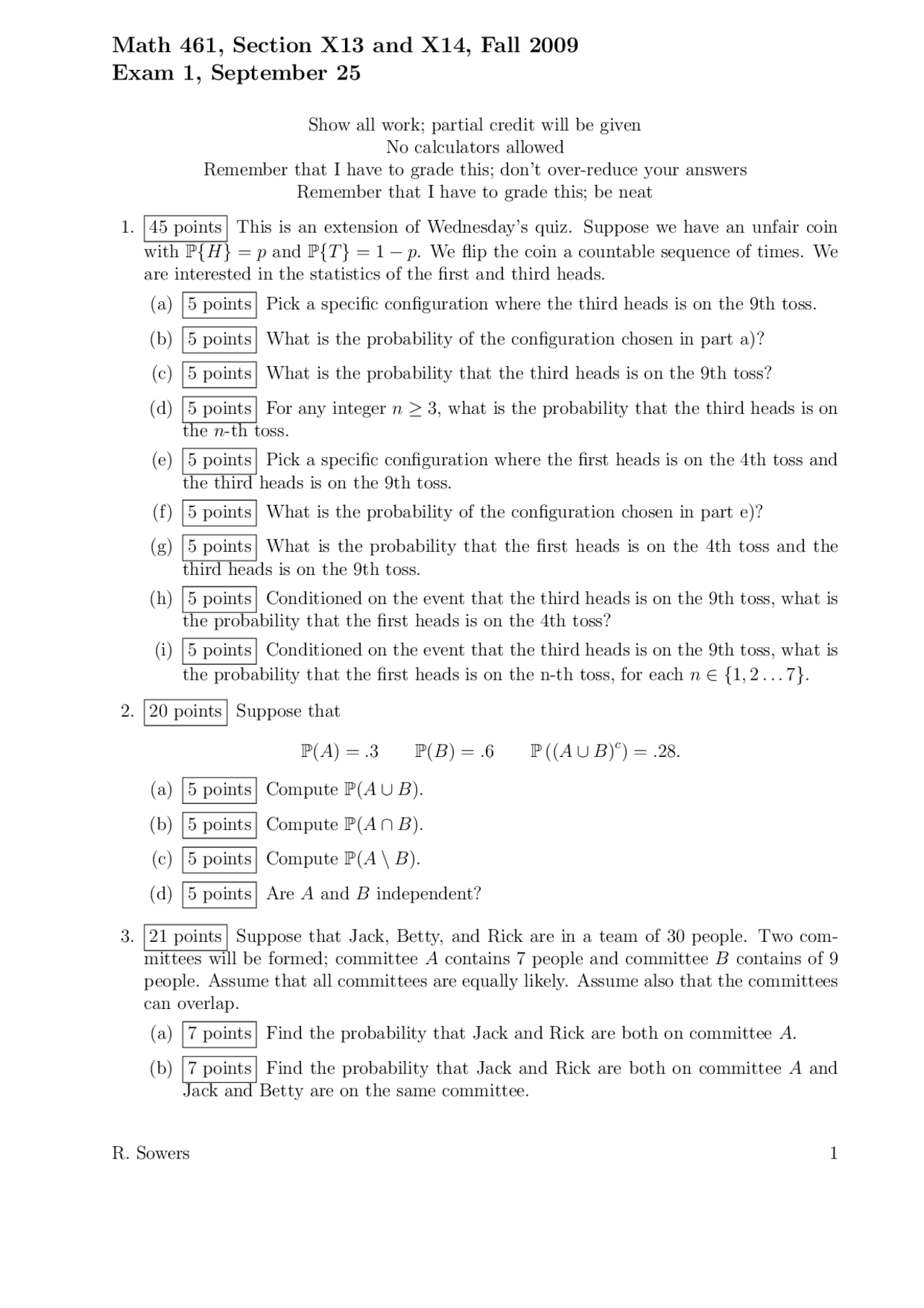 Practice Exam 1 with Solutions - Probability Theory | MATH 461 - Docsity
