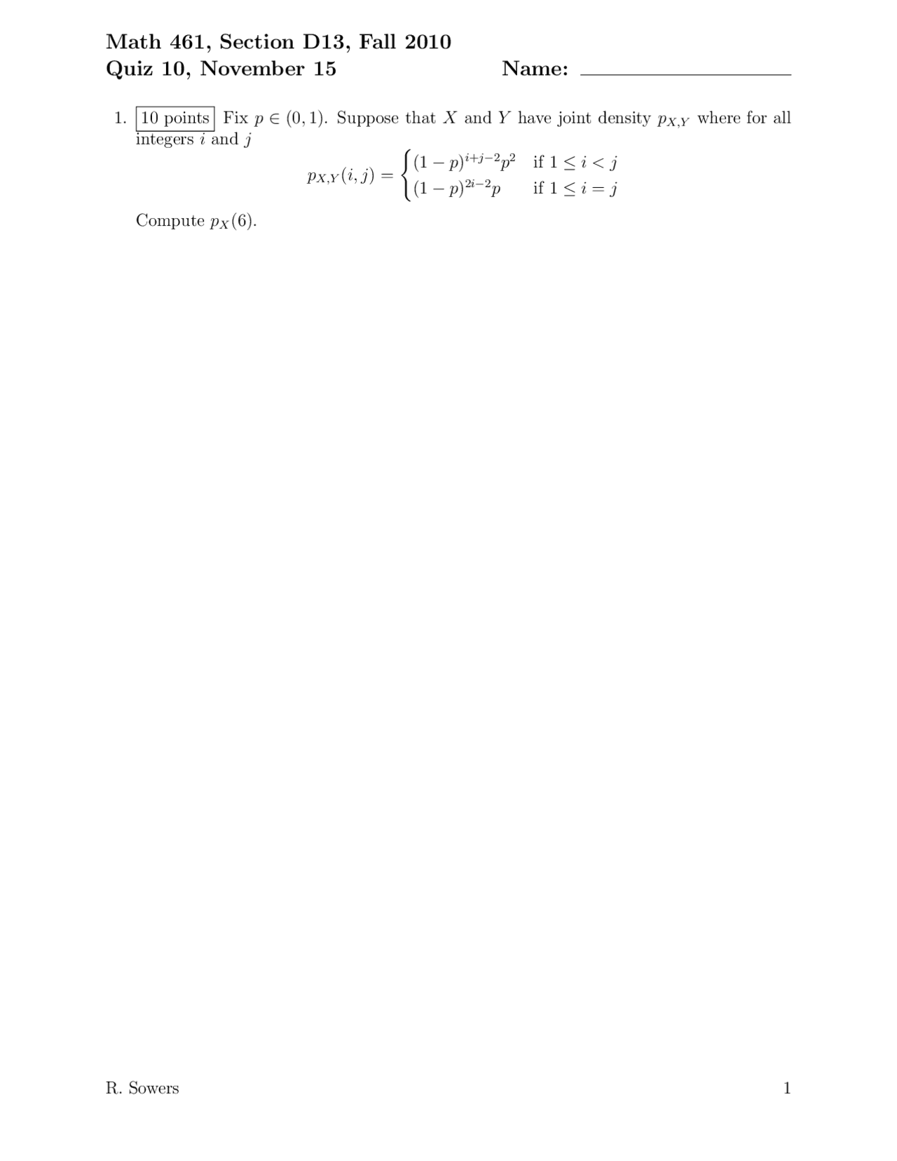 Quiz Ten Solutions - Probability Theory | MATH 461 - Docsity