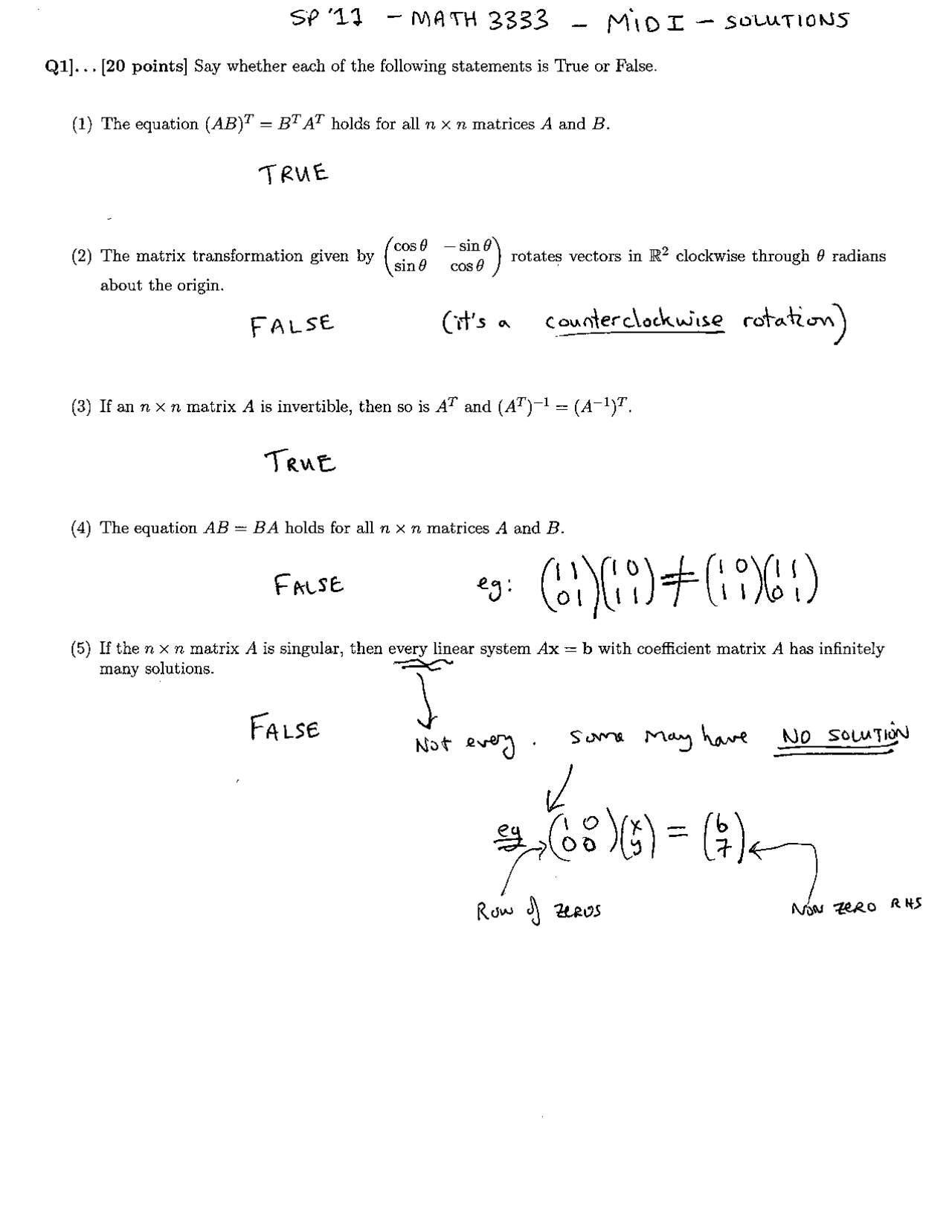 Solution Of Midterm Exam 1 Linear Algebra Math 3333 Docsity