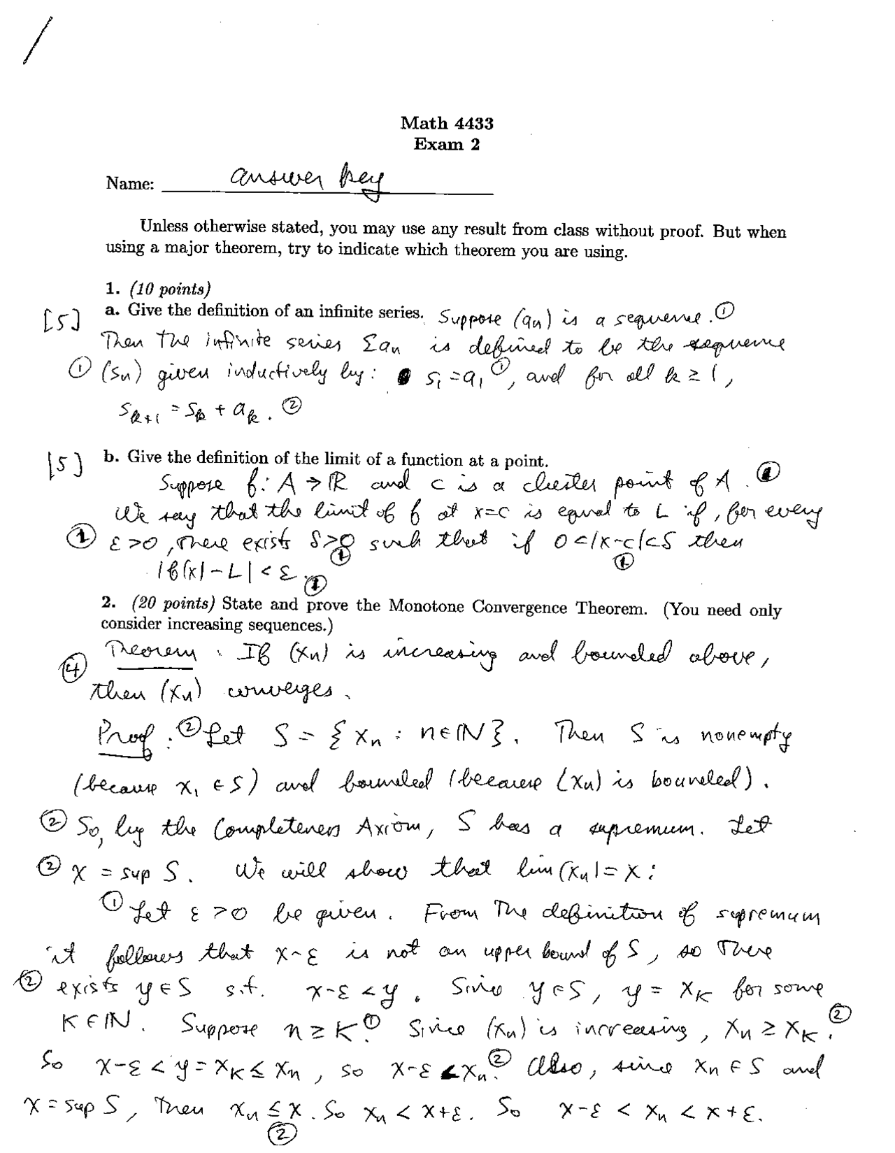 5 Solved Questions in Introduction to Analysis I - Exam 2 | MATH 4433 - Docsity