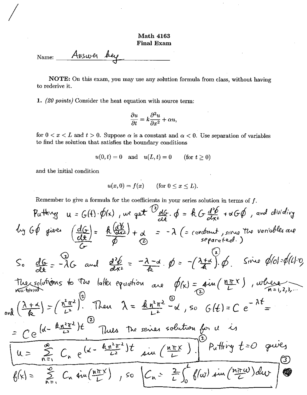 Final Exam with Answer Key - Partial Differential Equations | MATH 4163 - Docsity