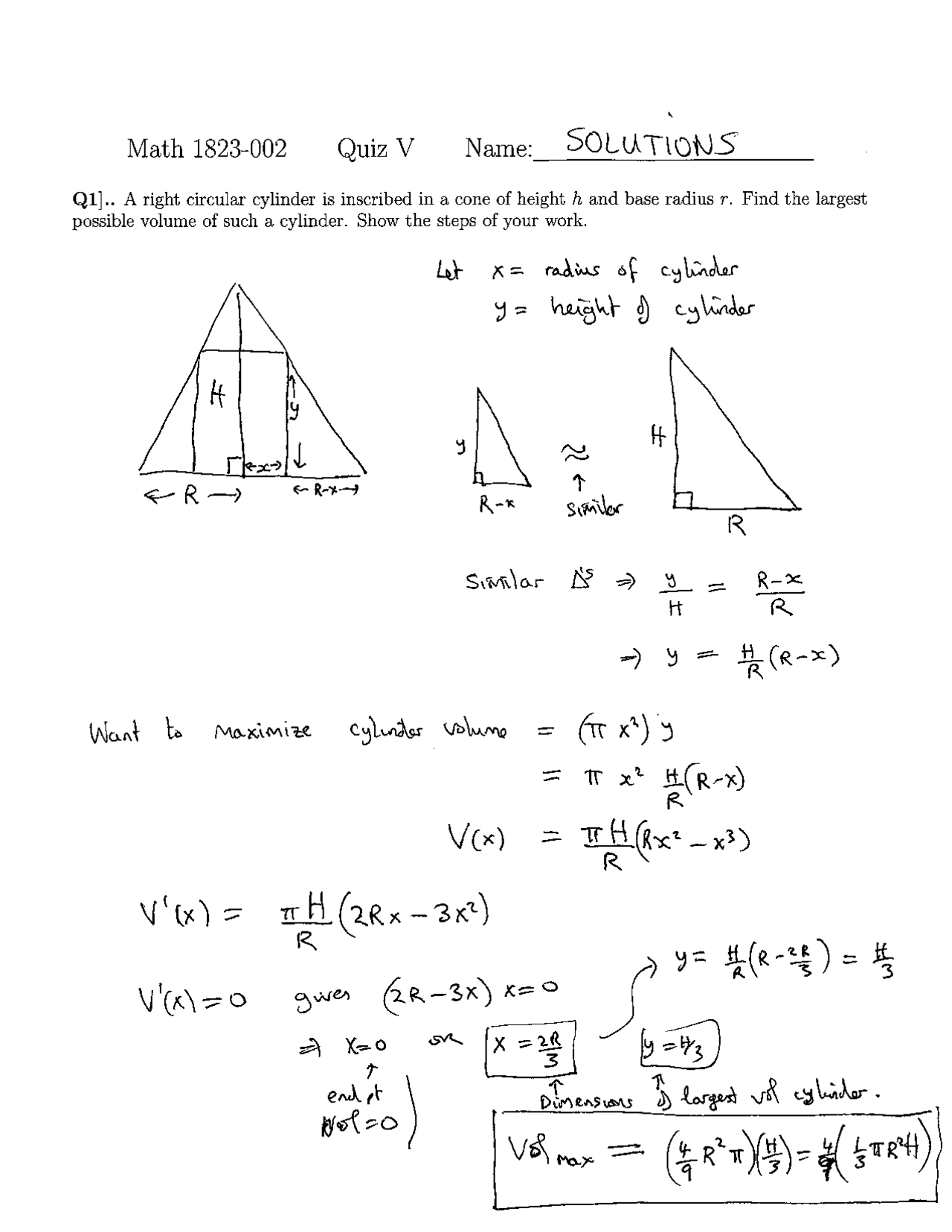 Solutions Quiz Calculus 1 Circular Cylinder Math 1823 Docsity