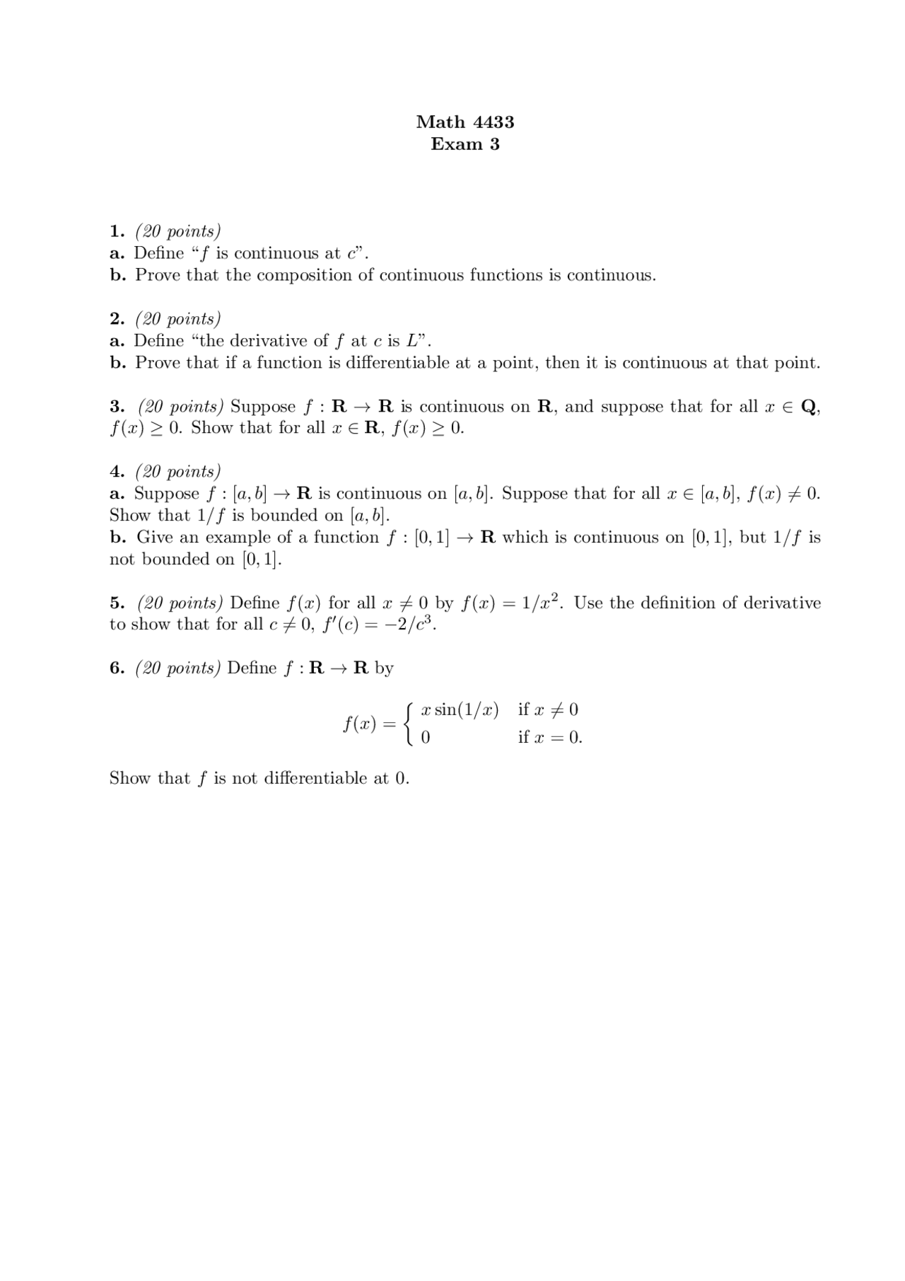 Exam 3 for Introduction to Analysis I | MATH 4433 - Docsity