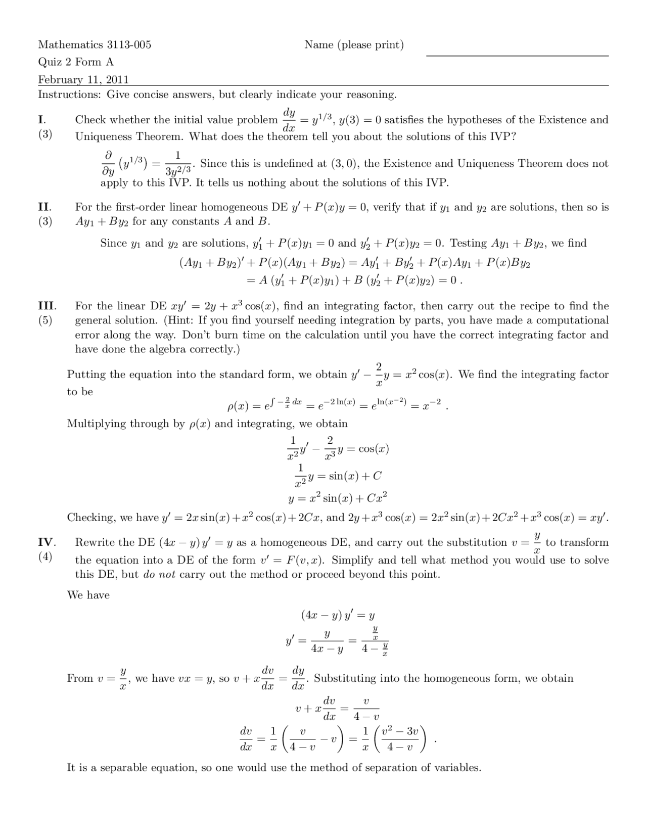 Solutions For Quiz 2 Form A Introduction To Ordinary Differential