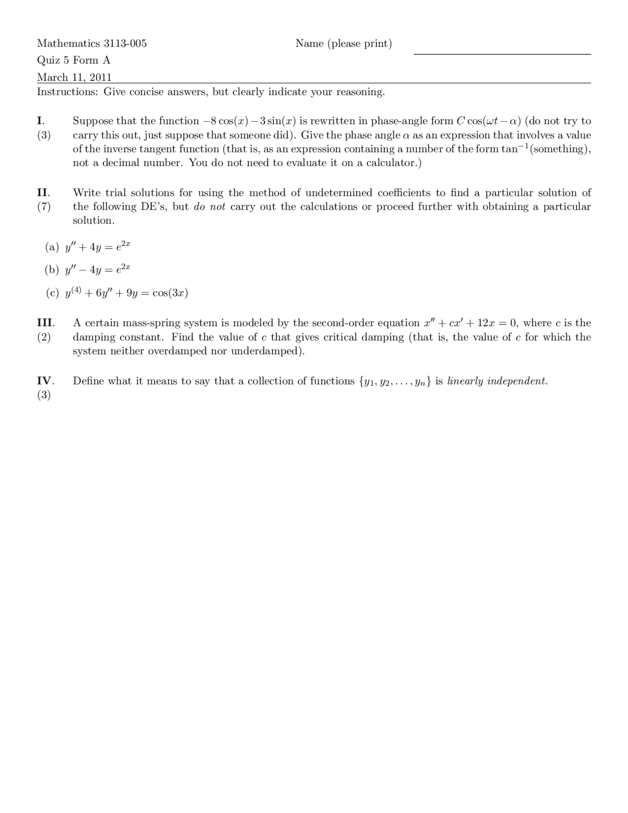 4 Problems In Quiz 5 Introduction To Ordinary Differential Equations