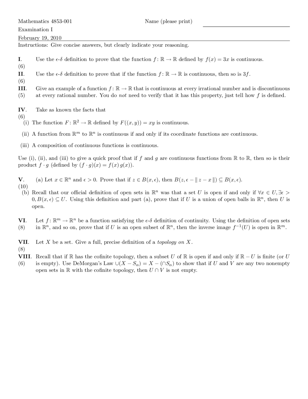 Exam 1 With 8 Questions Introduction To Topology Math 4853 Docsity
