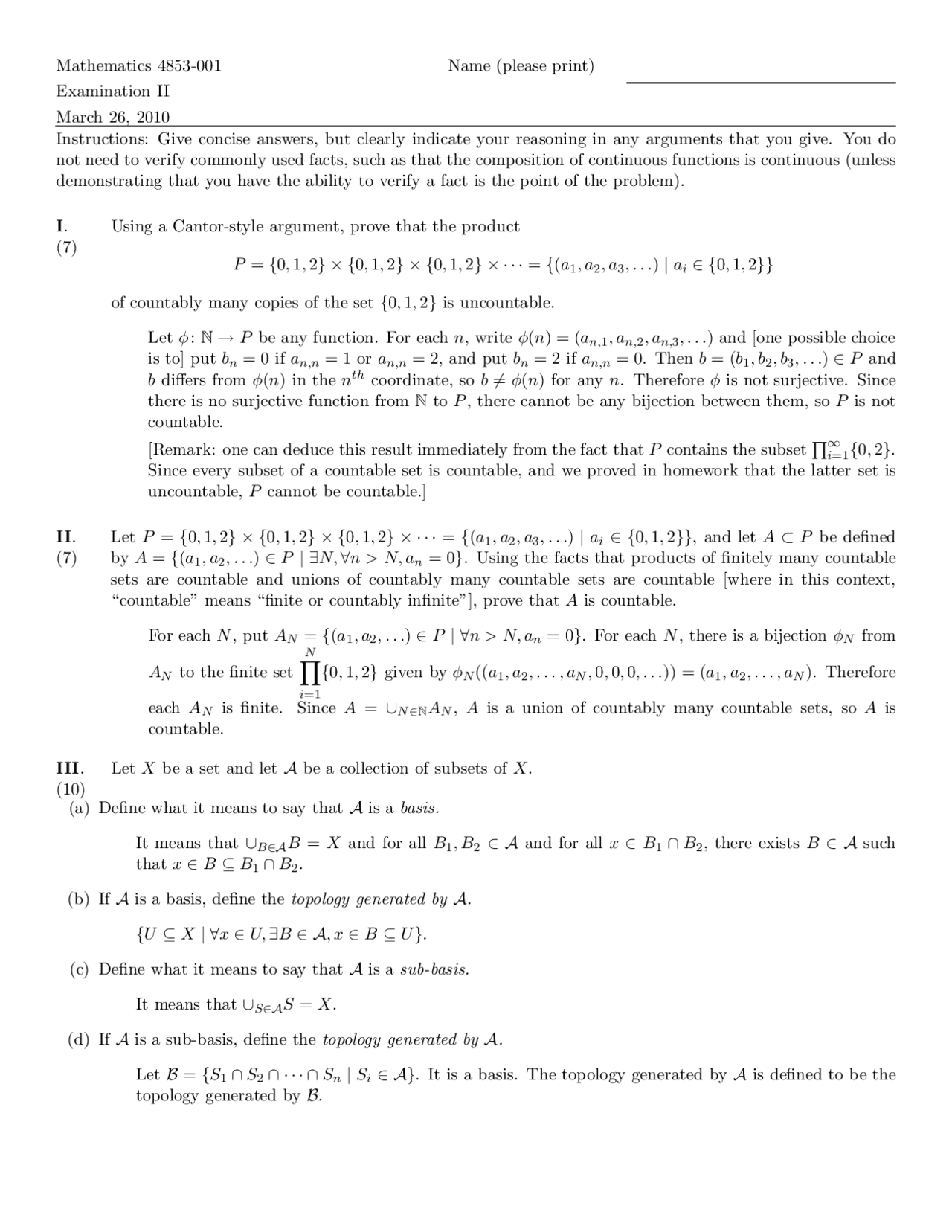 Introduction To Topology Exam 2 Questions Fall 2010 Math 4853