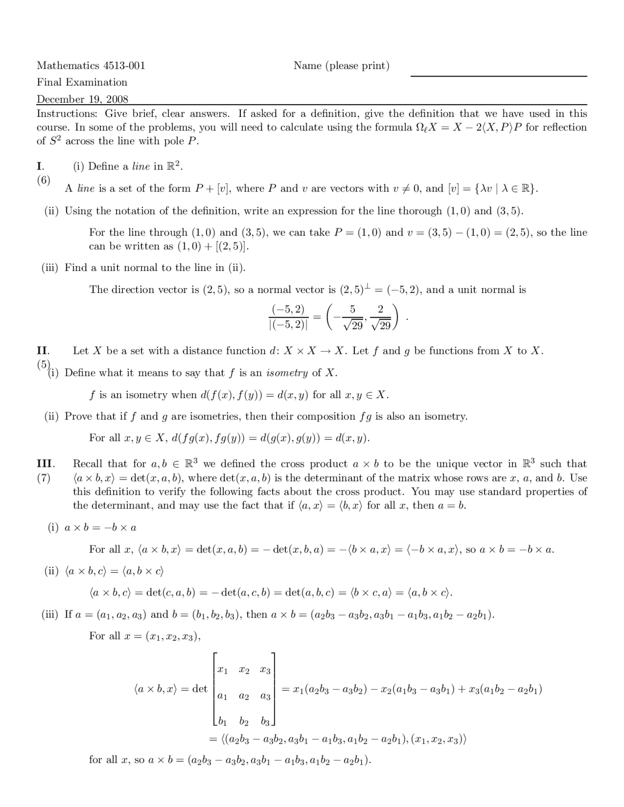 13 Solved Problems On Vector Notation Final Exam Math 4513 Docsity