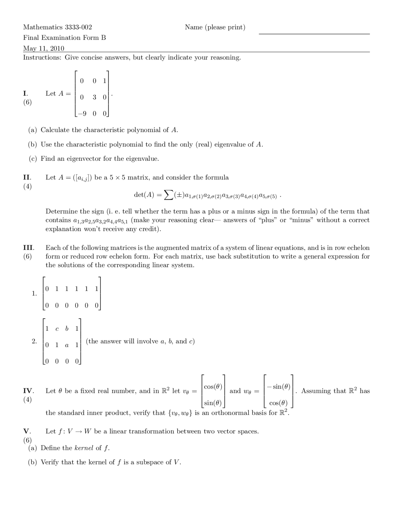 12 Questions For Final Exam Linear Algebra Math 3333 Docsity