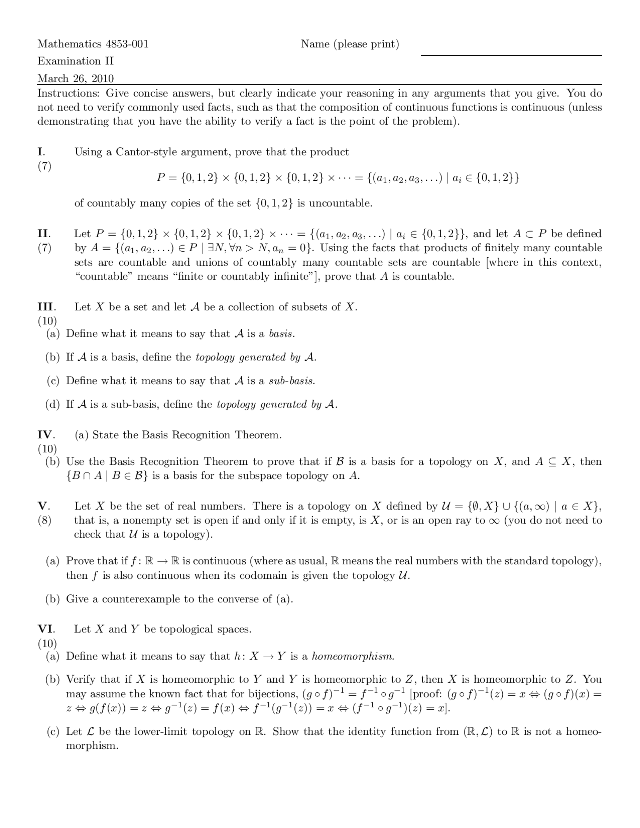 Questions on Introduction to Topology - Examination II | MATH 4853 ...