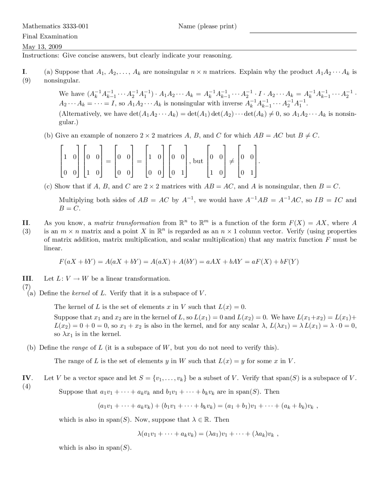 Final Examination For Linear Algebra I Math 3333 Docsity