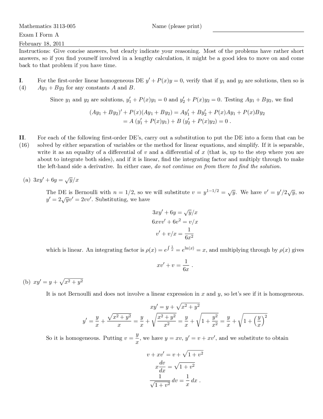 7 Questions For Exam 1 Introduction To Ordinary Differential