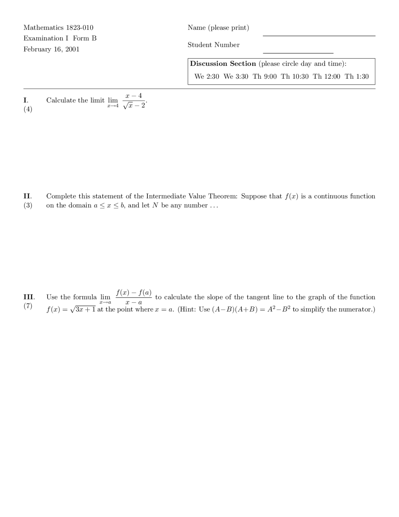 11 Problems On Calculate The Limits Examination 1 Math 1823 Docsity