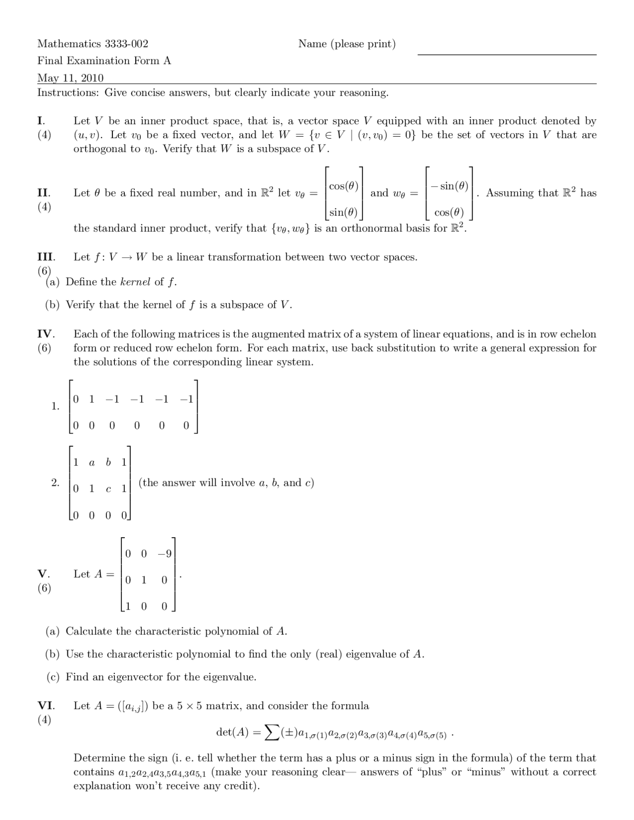 Final Examination Form A - Linear Algebra I | MATH 3333 - Docsity