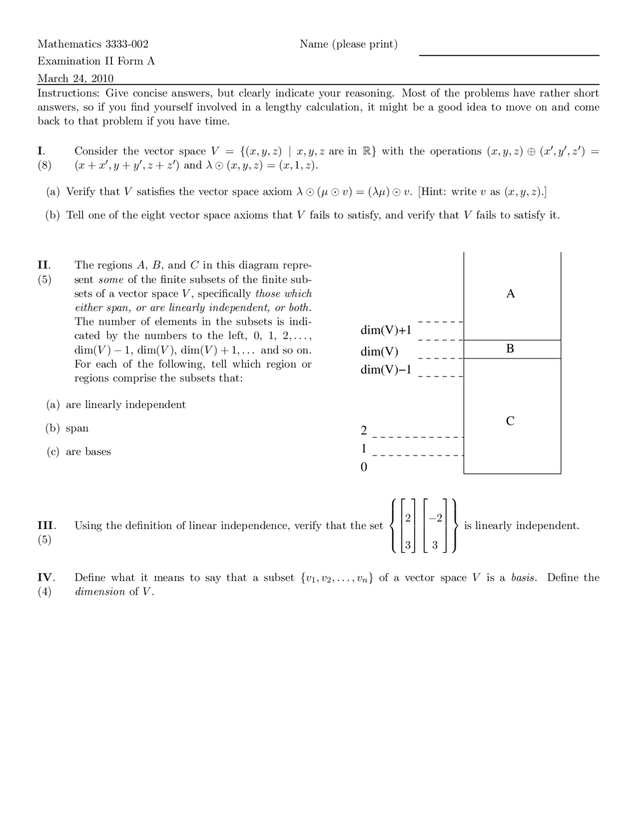 8 Questions Exam #2 - Linear Algebra I | MATH 3333 - Docsity