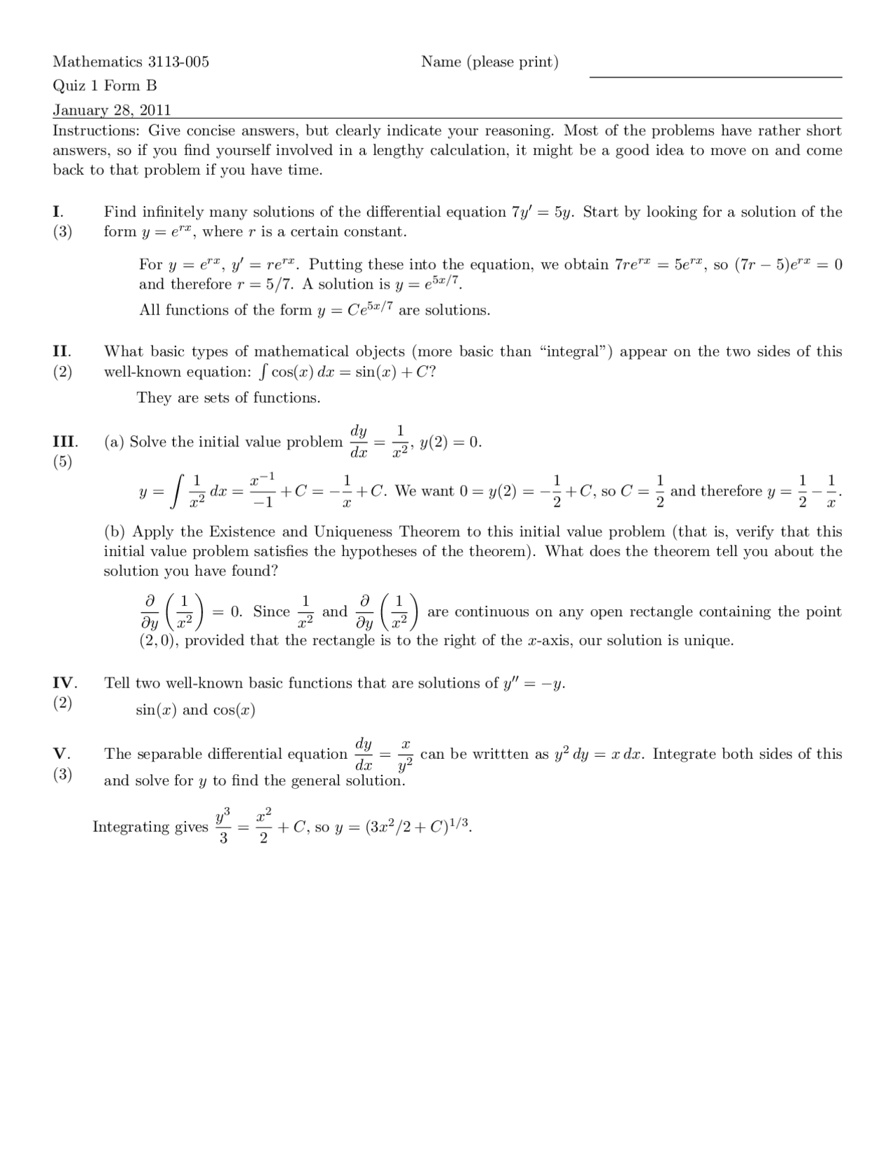 Quiz 1 Practice Problems - Introduction to Ordinary Differential ...