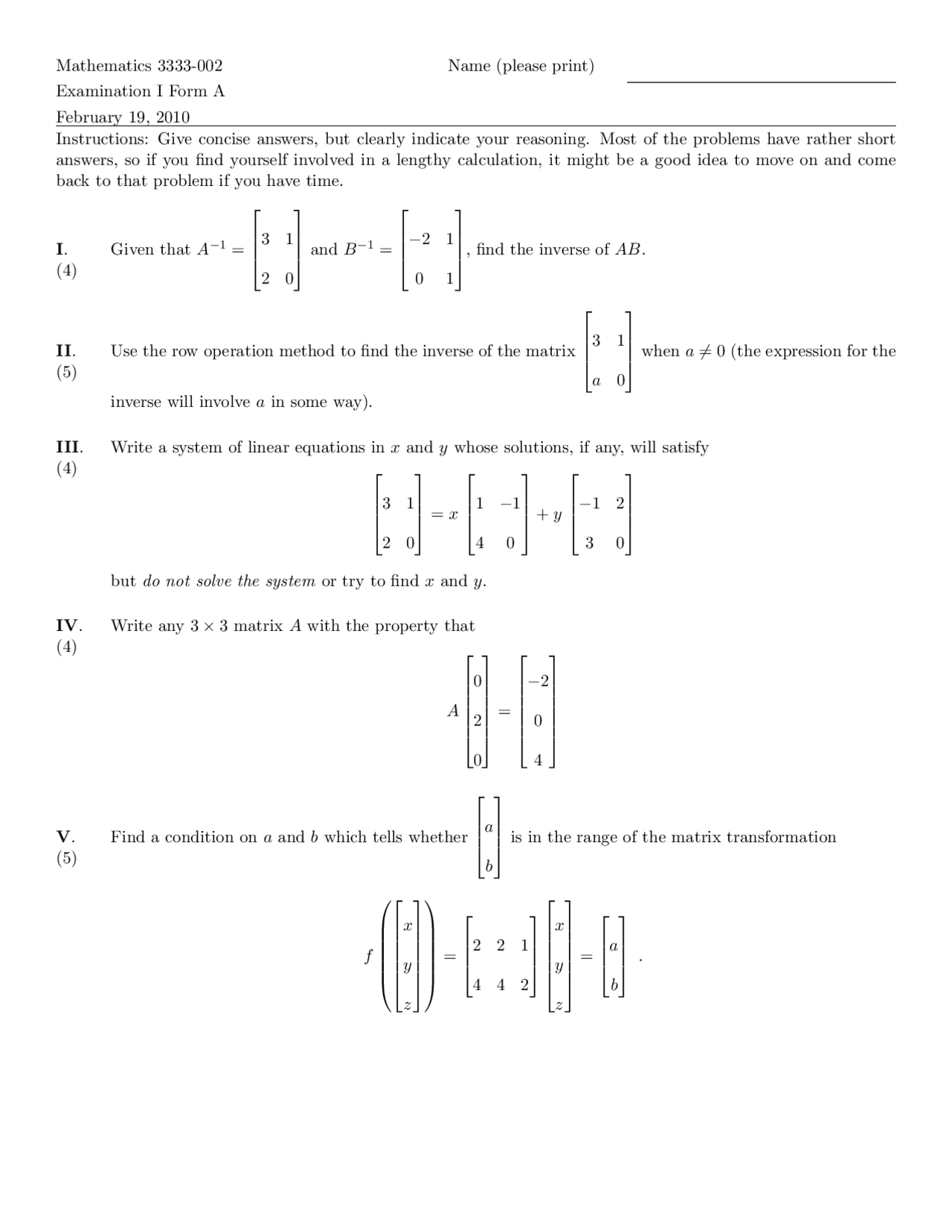Exam #1 with Answer Key - Linear Algebra I | MATH 3333 | Exams Linear ...