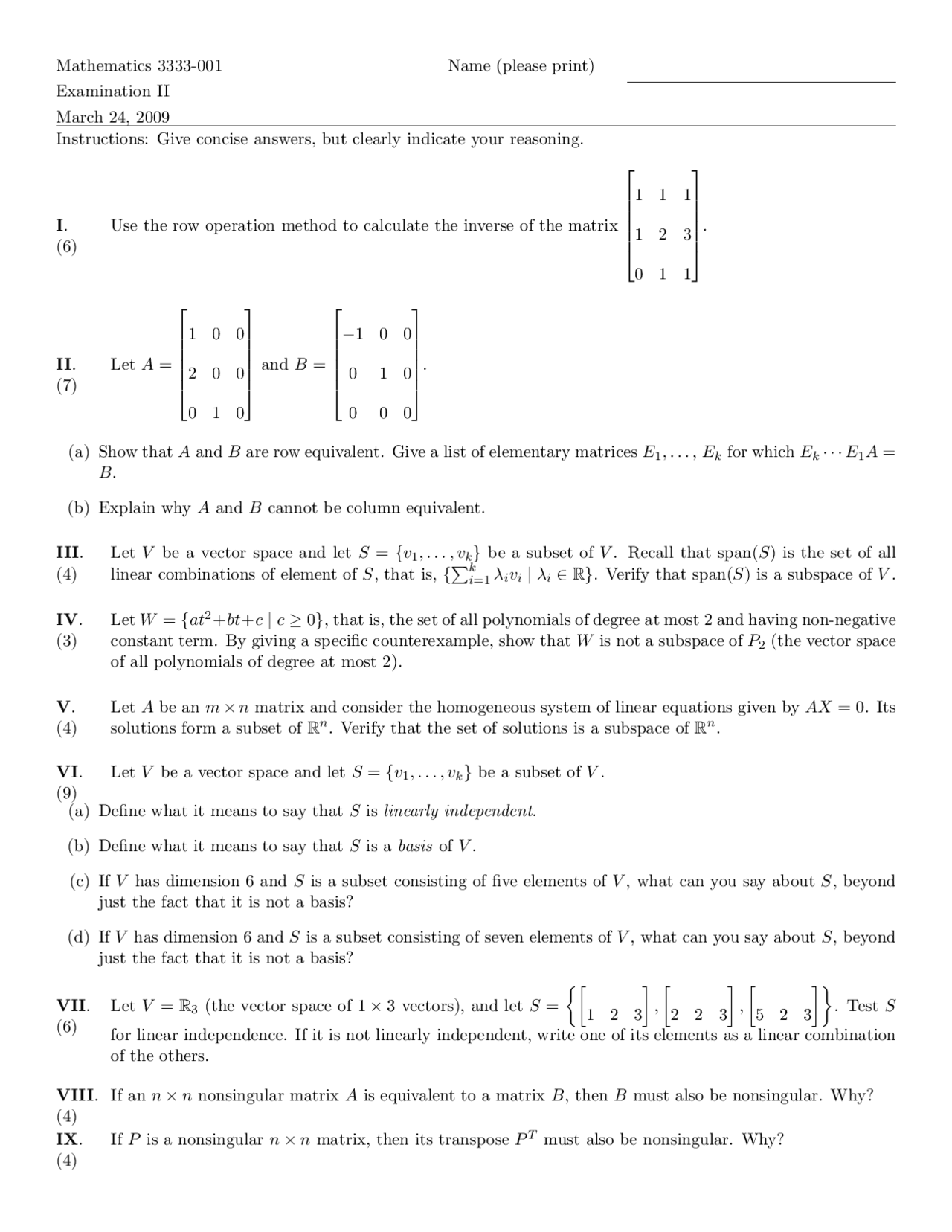 10 Questions on Linear Algebra I - Exam 2 | MATH 3333 - Docsity