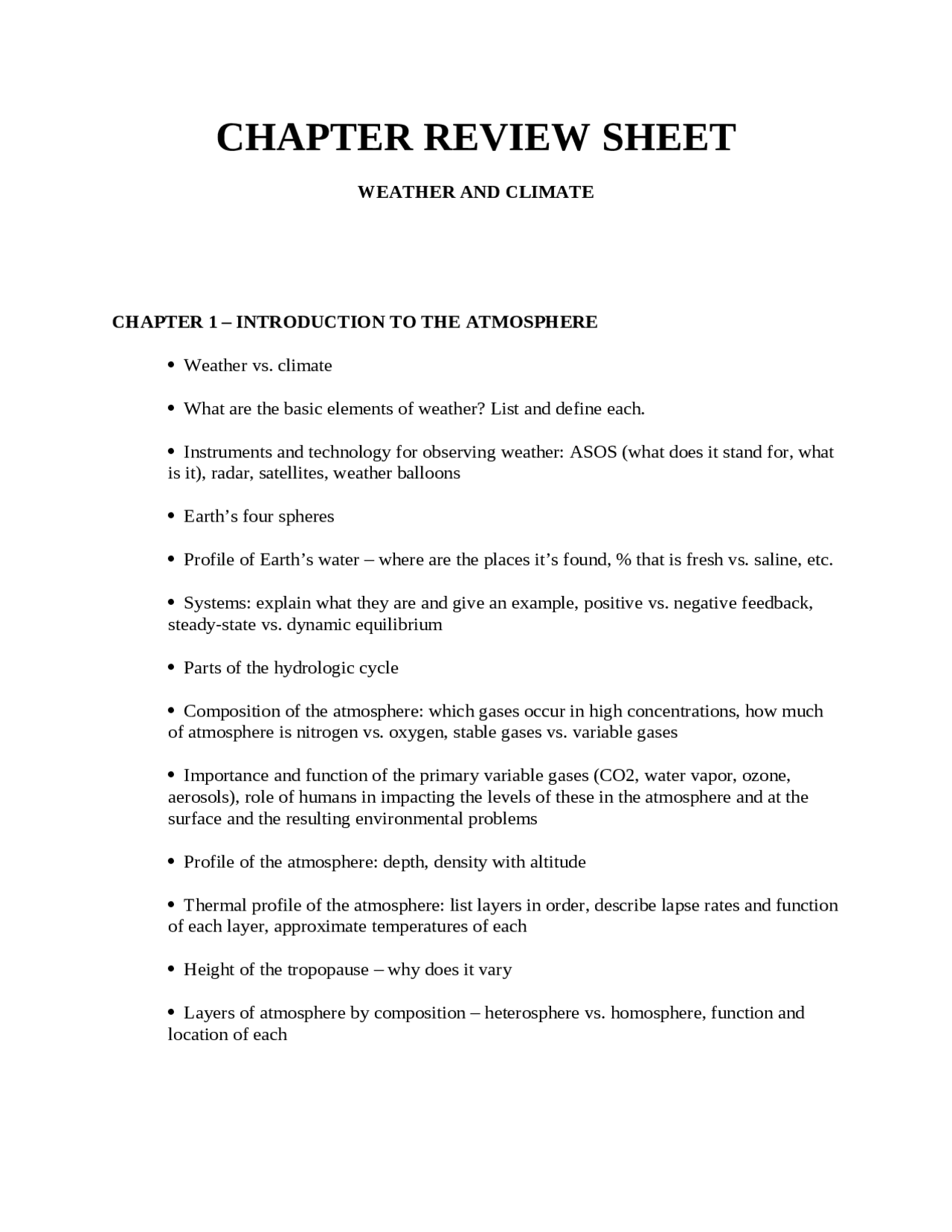 Review Sheet for Weather and Climate | GEOG 121 - Docsity