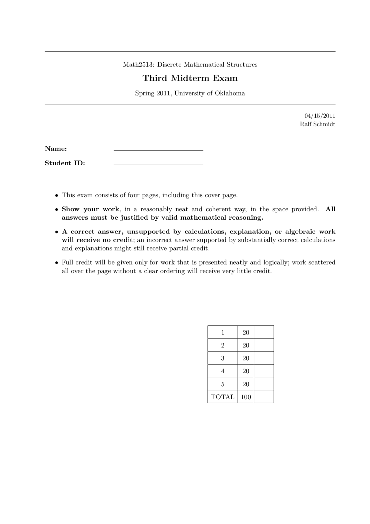 Third Midterm Exam - Discrete Mathematical Structures - 2011 | MATH 2513 | Exams Mathematics ...