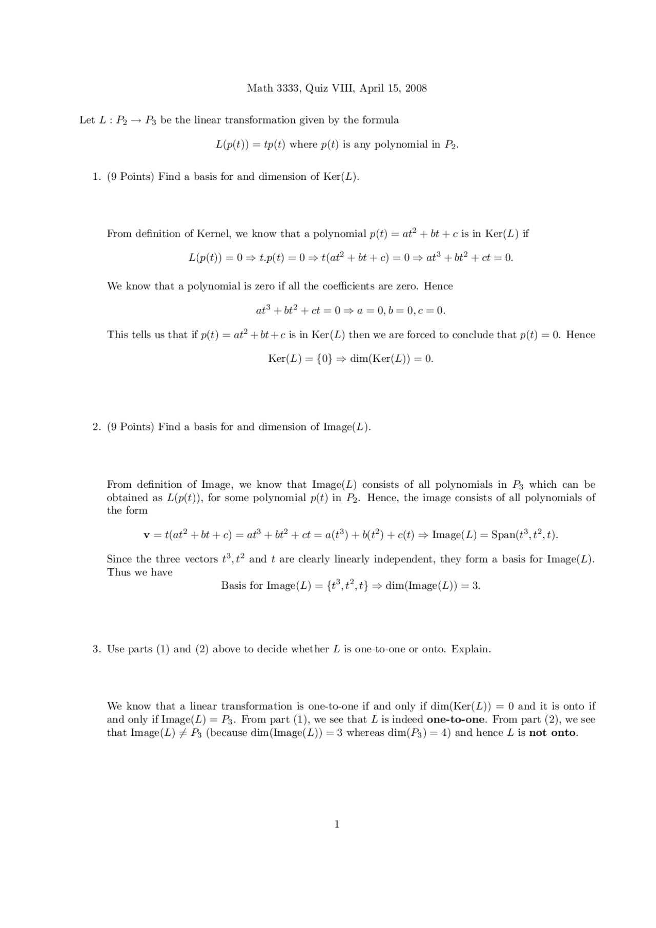 Quiz Viii With Solutions For Linear Algebra I Math 3333 Docsity