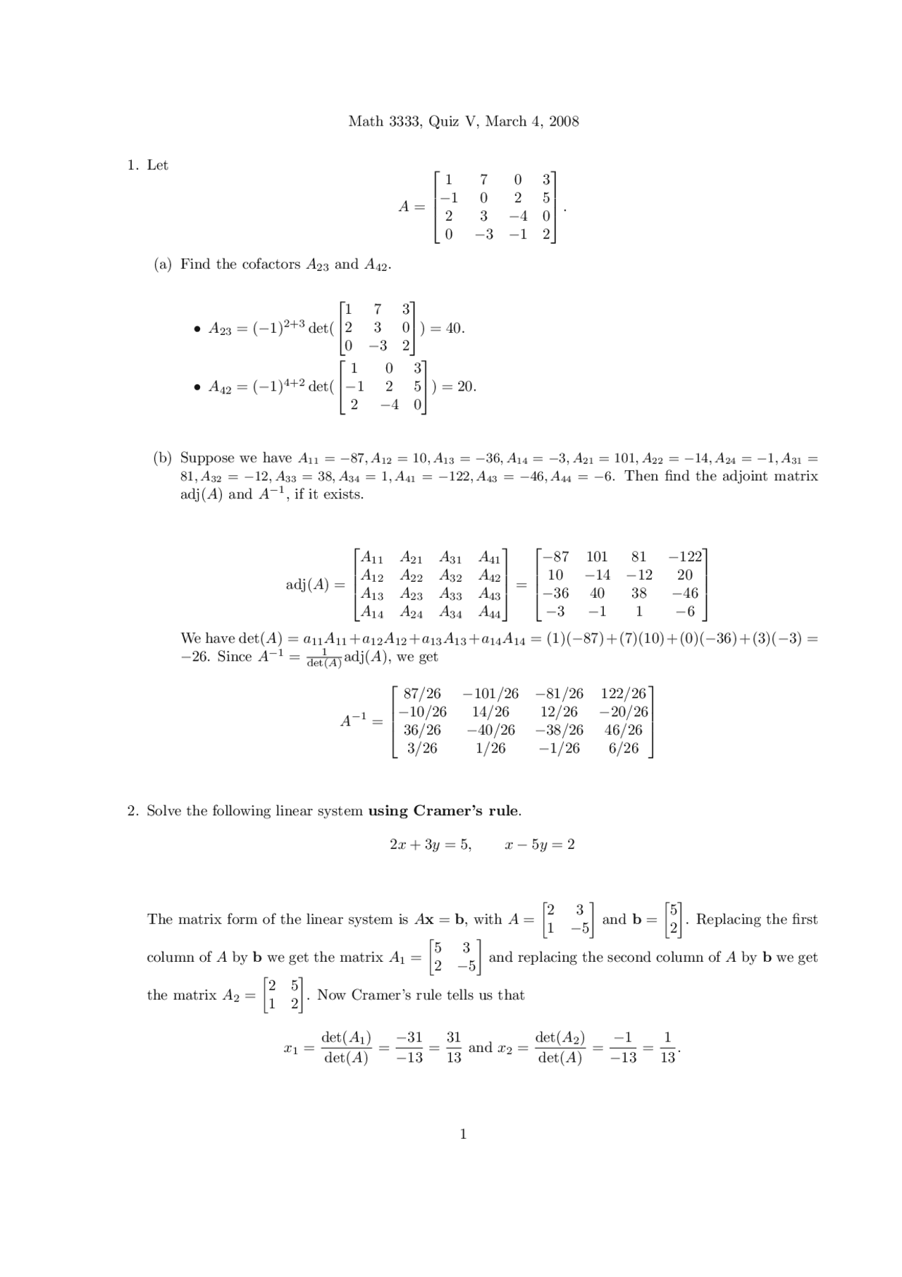 Solved Quiz Five Linear Algebra I Fall 2008 Math 3333 Docsity