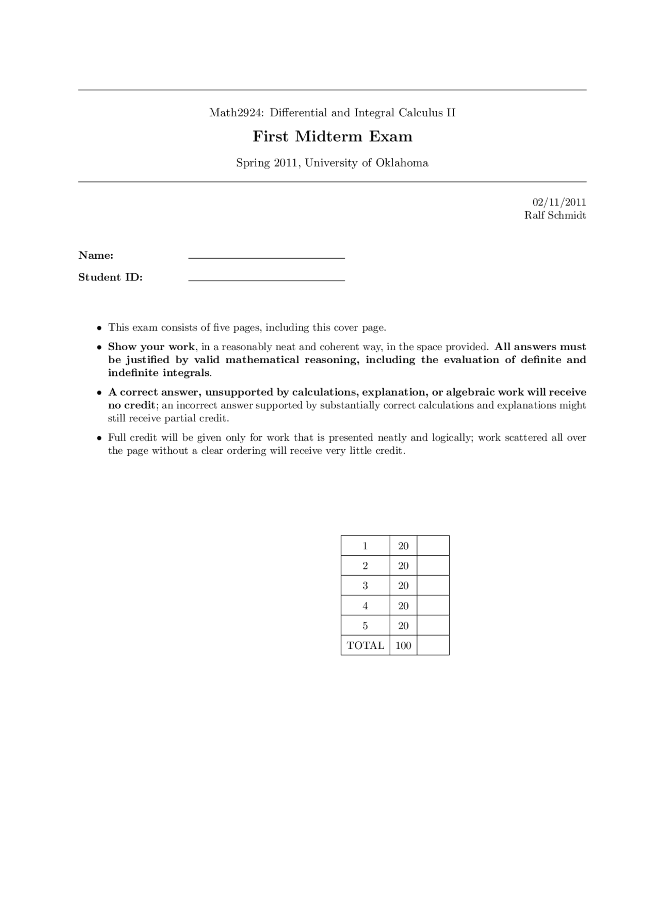 Midterm Exam 1 Differential And Integral Calculus Ii Math 2924