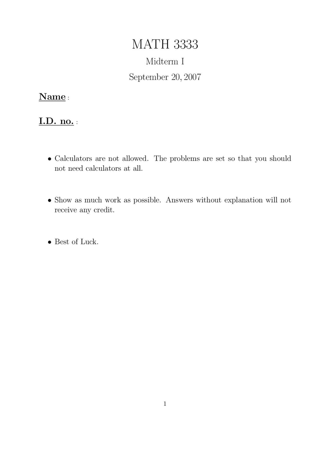 5 Questions On Linear Algebra I Midterm Exam 1 Math 3333 Docsity